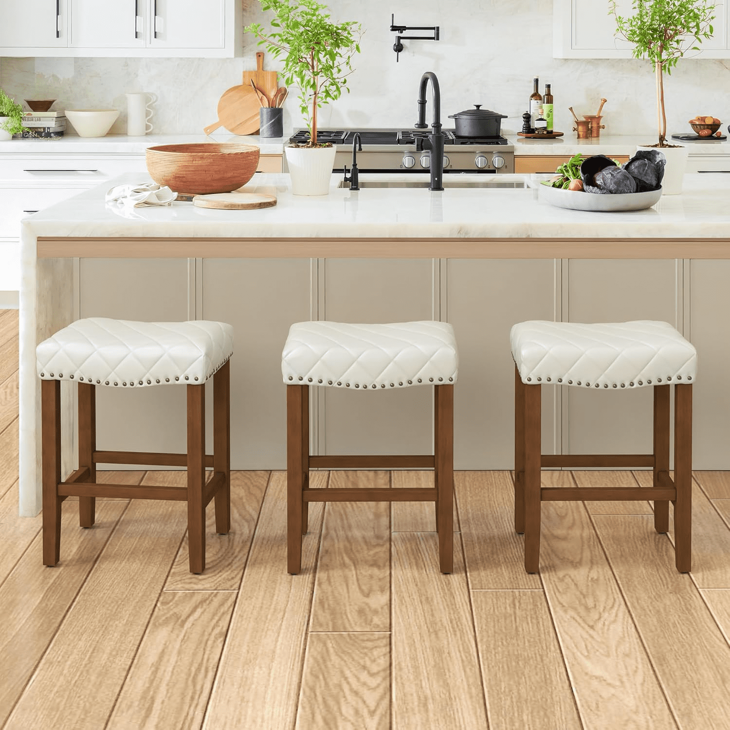 24" Counter Height Bar Stools Backless Counter Stools with Wooden Legs Breathable Fabric Stools ...