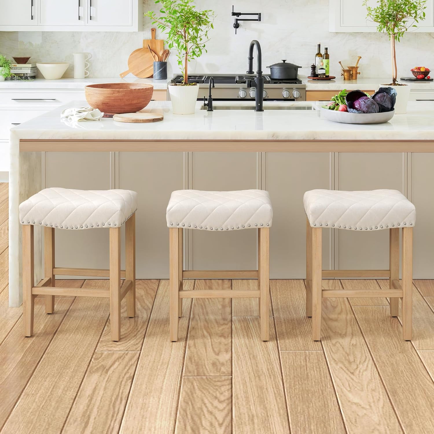 24" Counter Height Bar Stools Backless Counter Stools with Wooden Legs ...