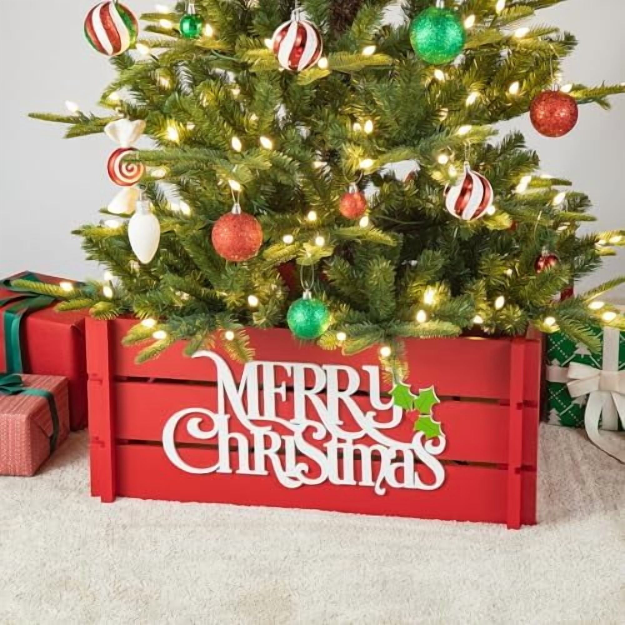 24" L Wooden Crate Tree Collar, Red Merry Christmas Christmas Tree Base ...