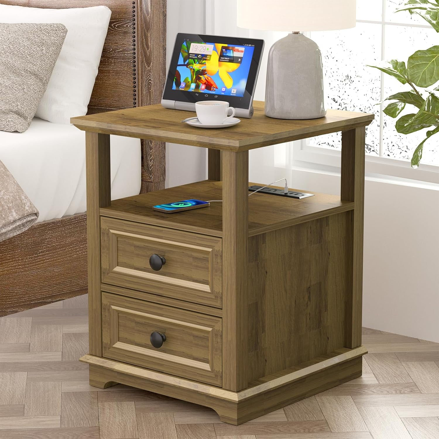 24" Nightstand with Charging Station End with 18W Fast Charge Side with ...