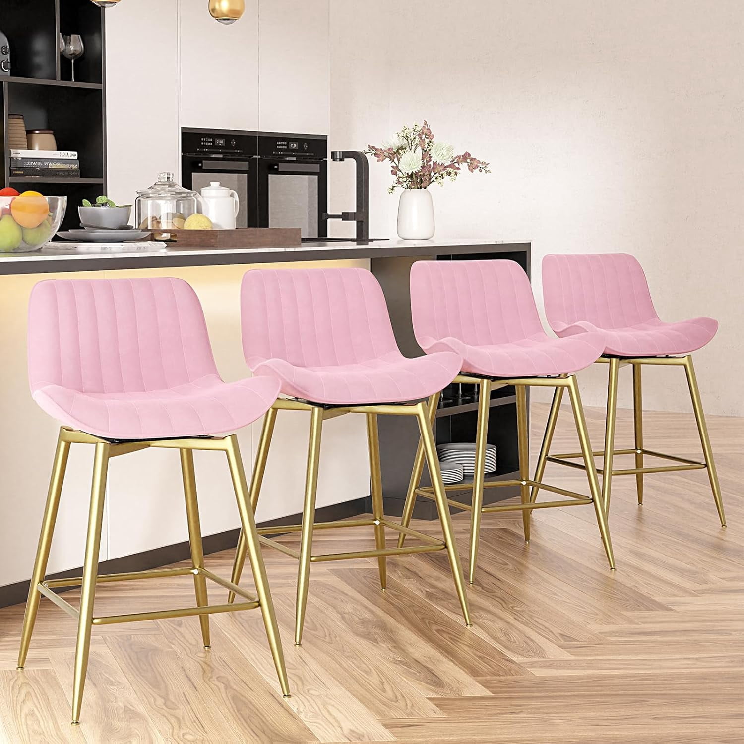 24" Pink Swivel Bar Stools Velvet Counter Height Bar Stools with Back ...