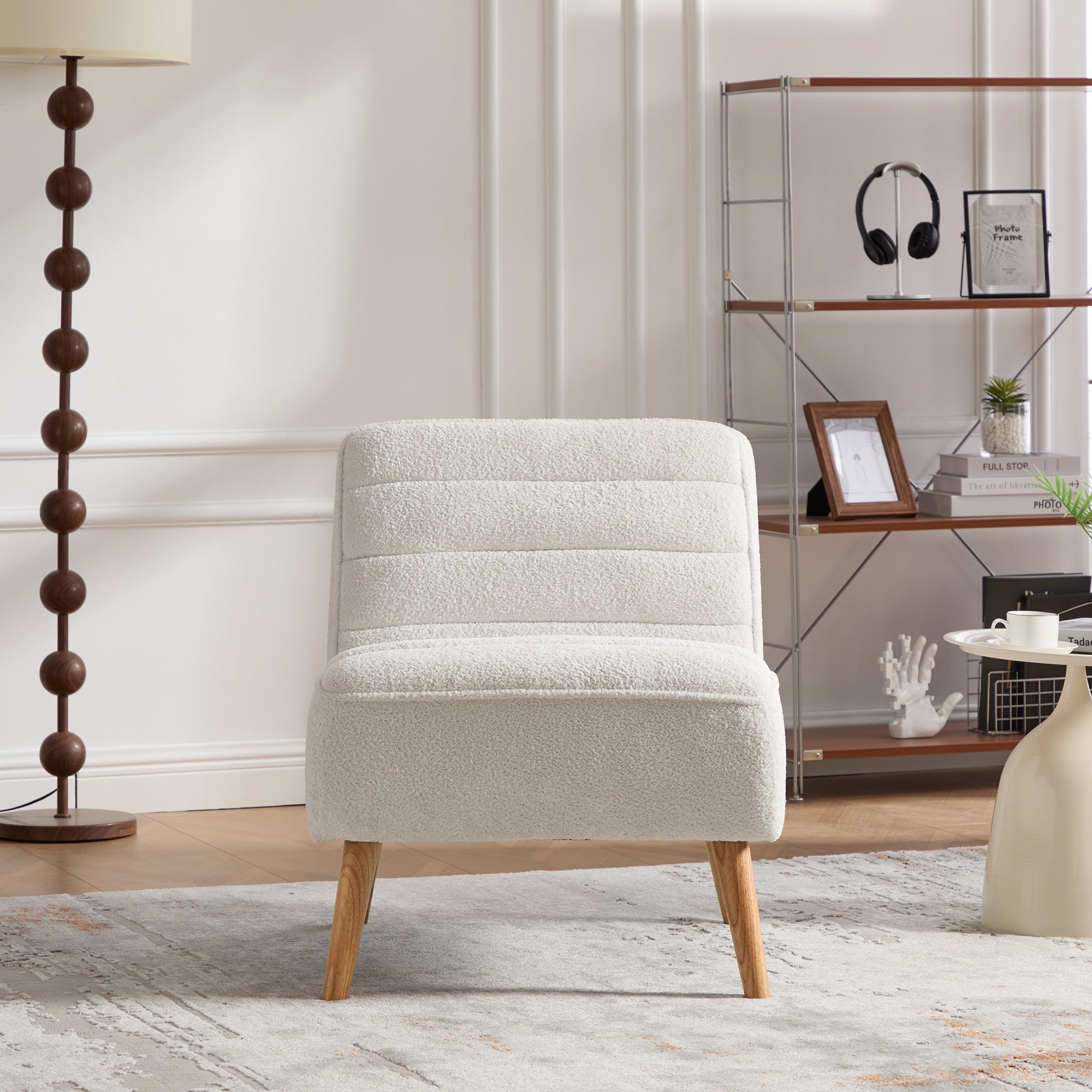 24.4" Ivory Chenille Armless Accent Chair with Rubber Wood Legs ...