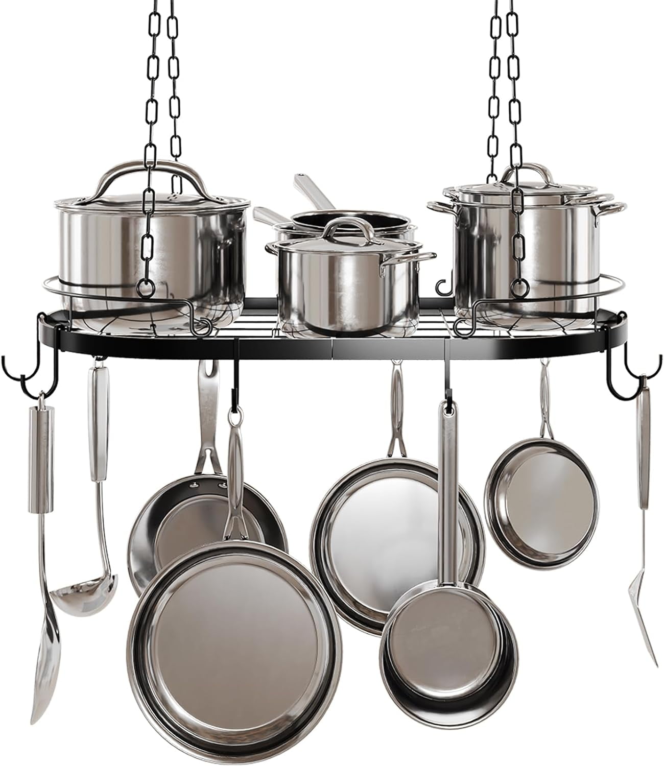 24.4” Metal Pot Rack Hanging, Oval Pan Rack Hanging with Hooks, Heavy ...