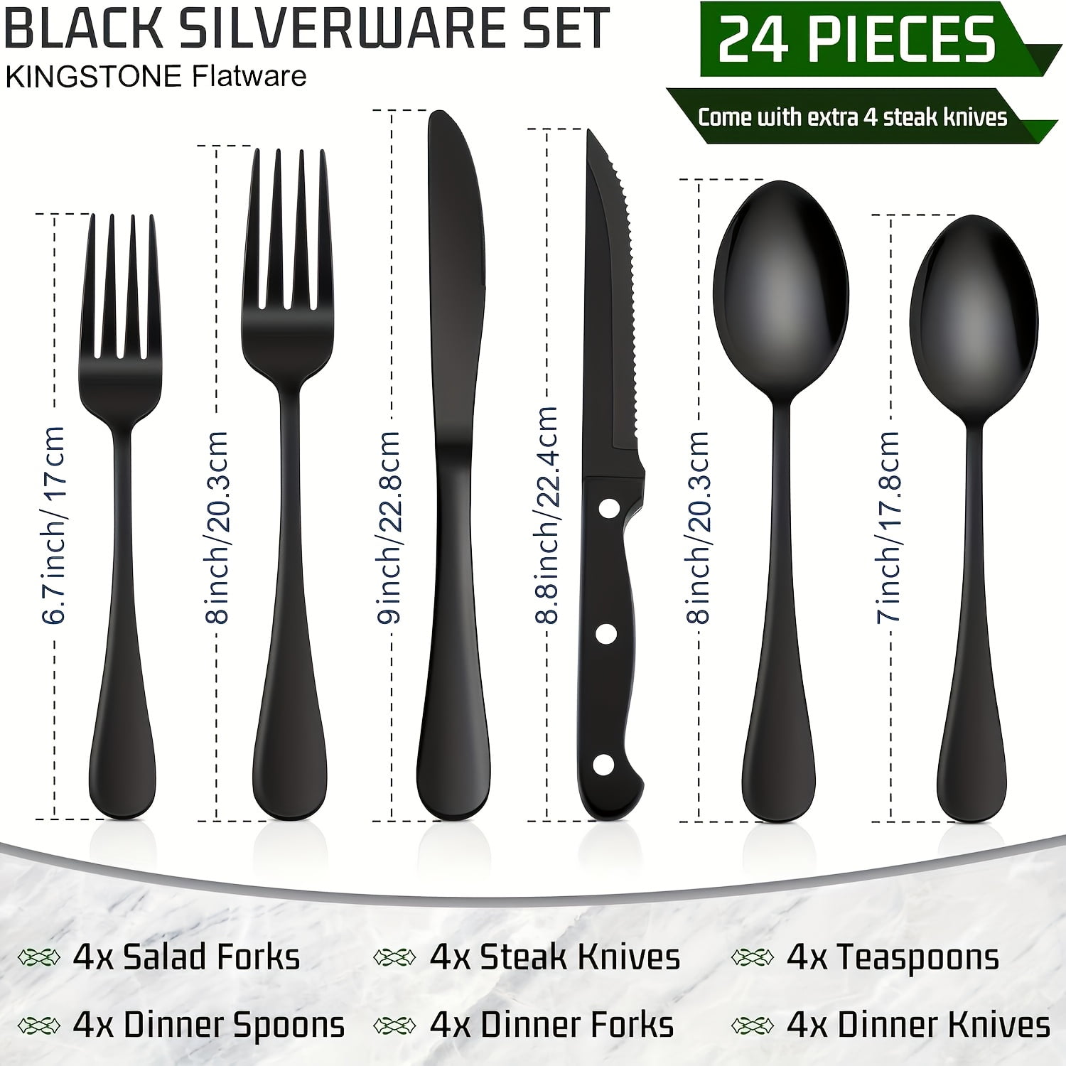 24/48pcs Black Silverware Set With Steak Knives Service For 4/8 ...