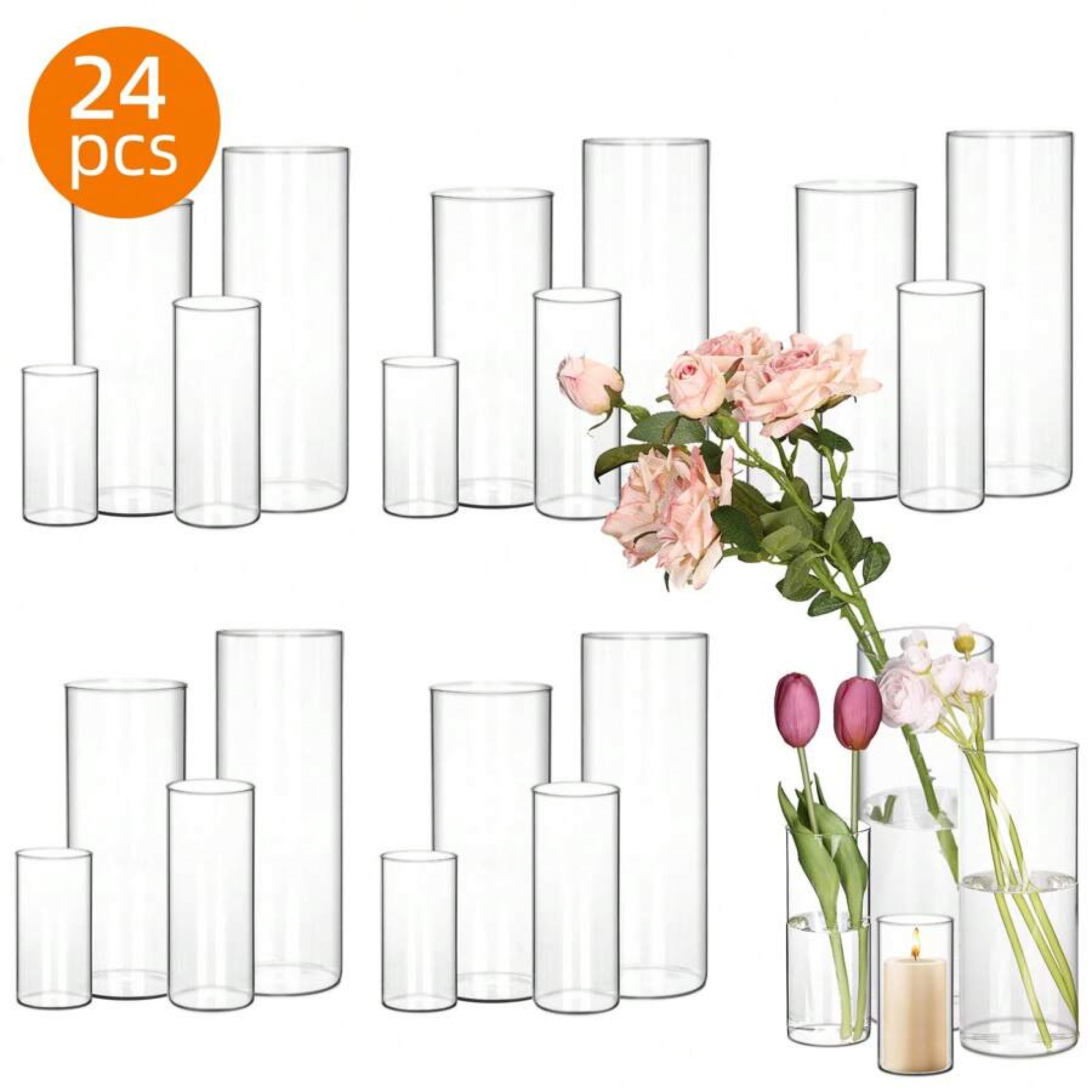 24/48pcs Clear Glass Cylinder Vases, 4, 6, 8, 10 Inch Tall Cylinder ...