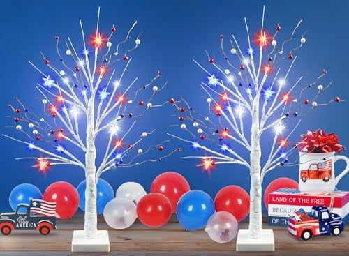 24" 4th of July Decoration, Lighted Patriotic Tree with Red White Blue ...