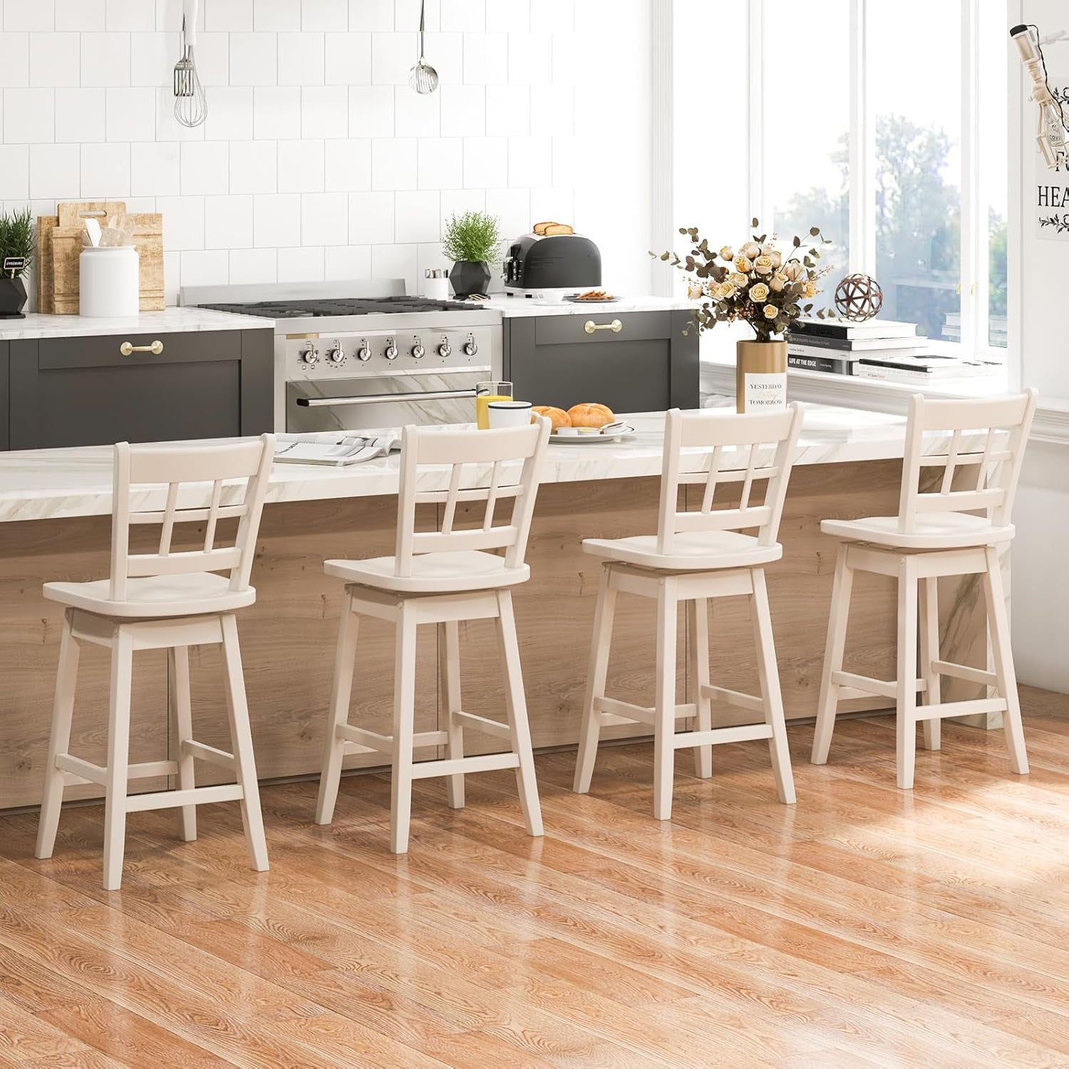 24.5" Bar Stools Set of 2, Farmhouse Swivel Barstools with 6-Grid ...