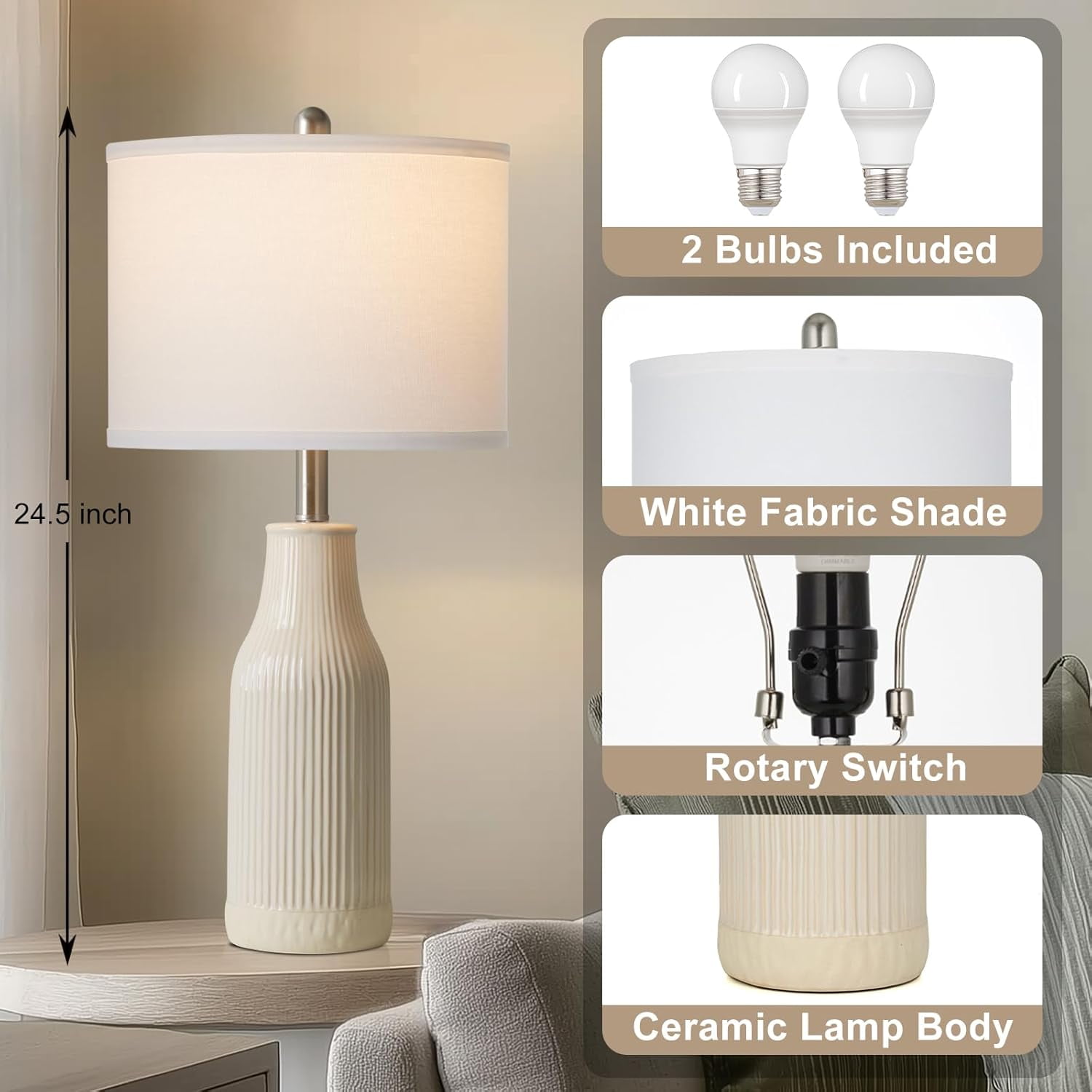 24.5" Ceramic Table Lamps Set of 2, Modern Farmhouse Bedside Lamps for ...