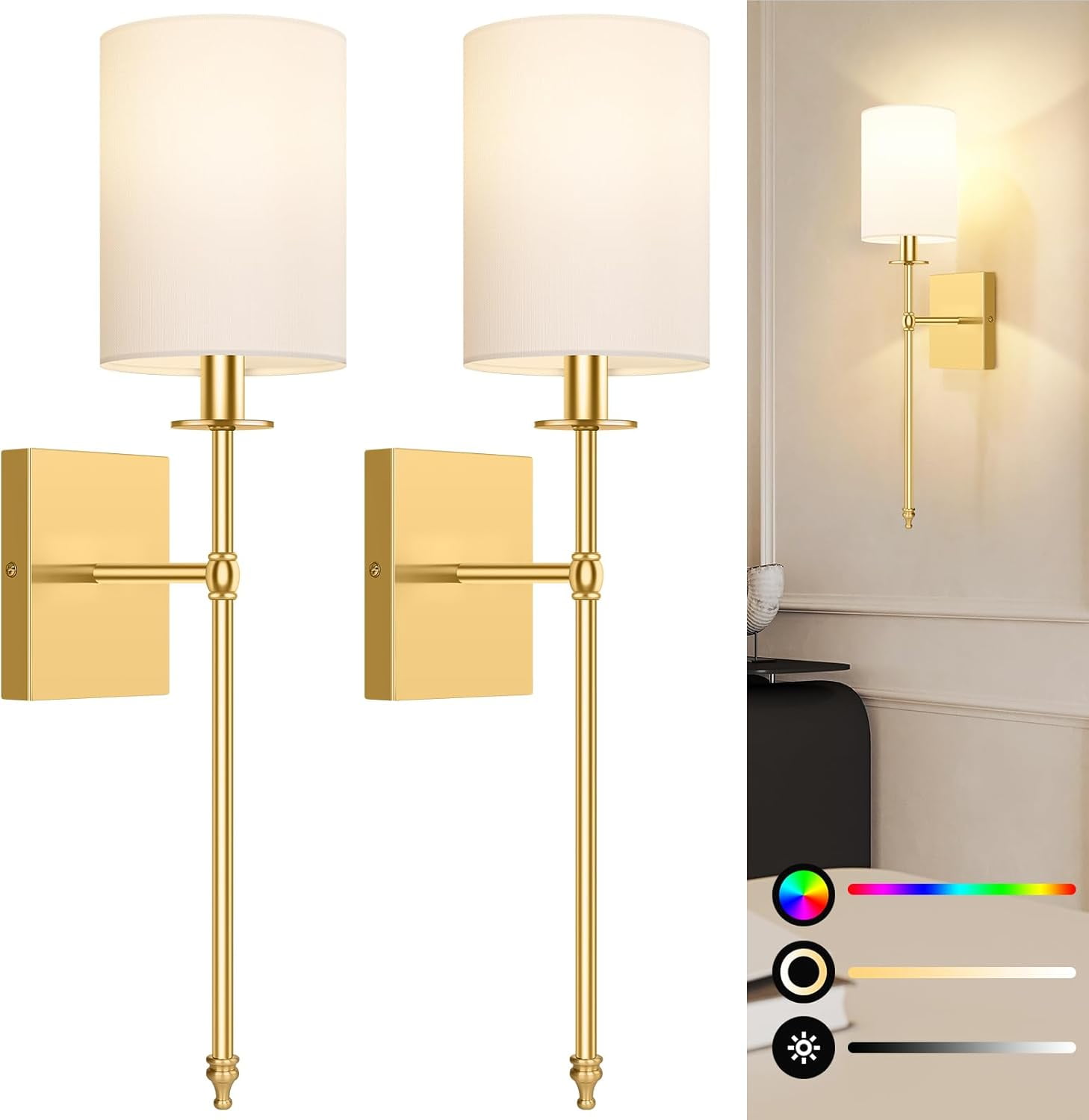 24.5 Inch Wall Sconces Battery Operated Set of 2, Rechargeable Wireless ...