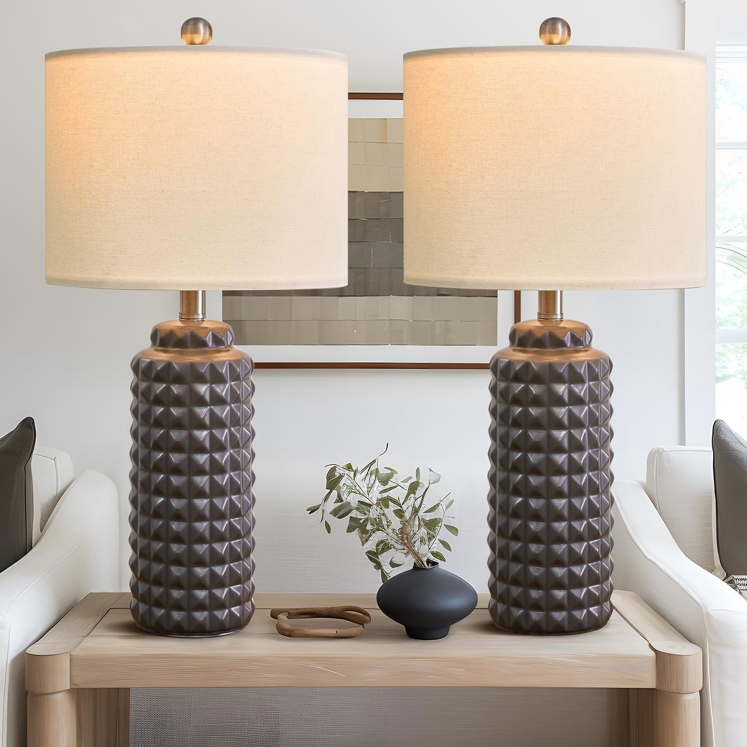 24.5" Modern Ceramic Table lamp Set of 2 Dark Grey Diamond Pattern ...