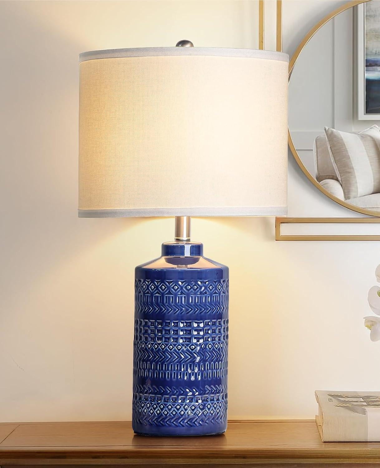24.5" Navy Blue Table Lamp Modern Bedside Ceramic Lamps for Living Room ...