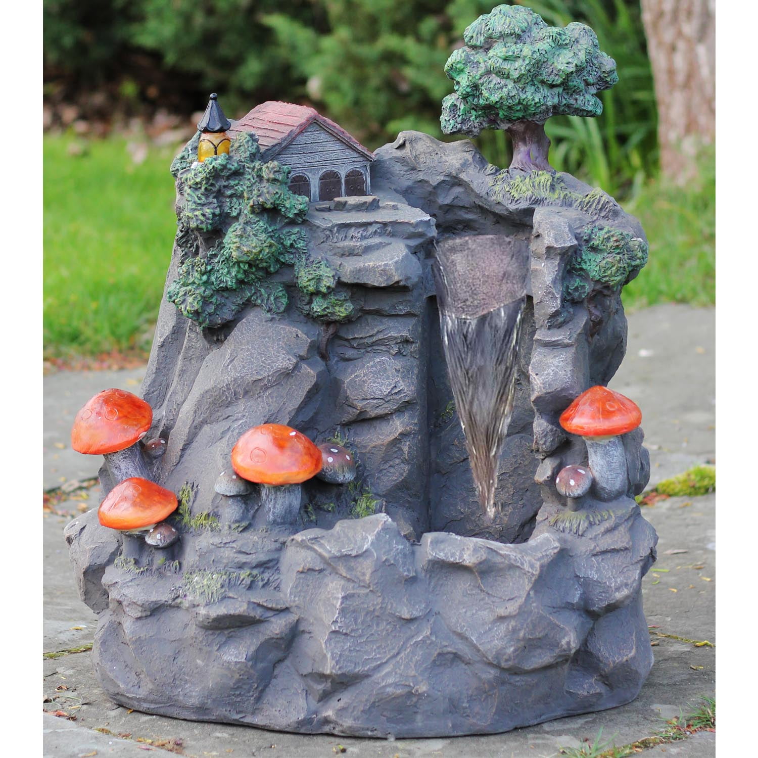 24.5" Solar LED Lighted Mushrooms By Waterfall Outdoor Patio Garden ...