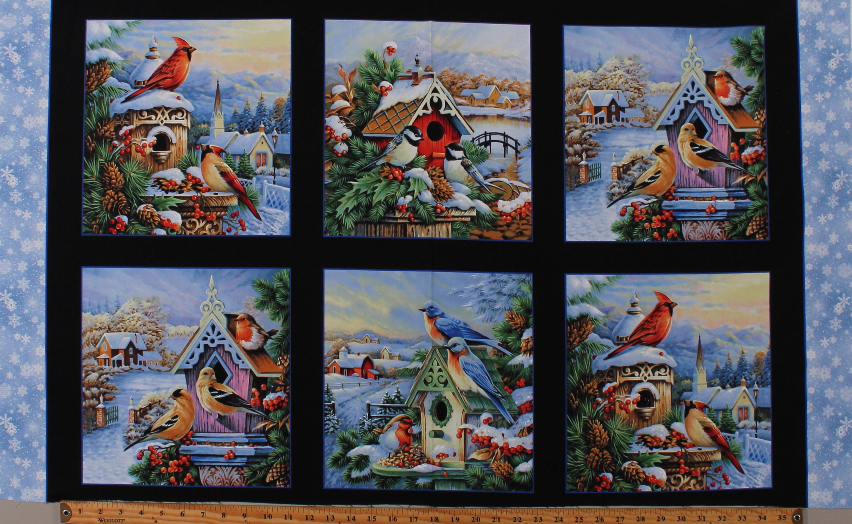 24.5" X 44" Panel Birds Animals Winter Seasonal Christmas Black Cotton ...