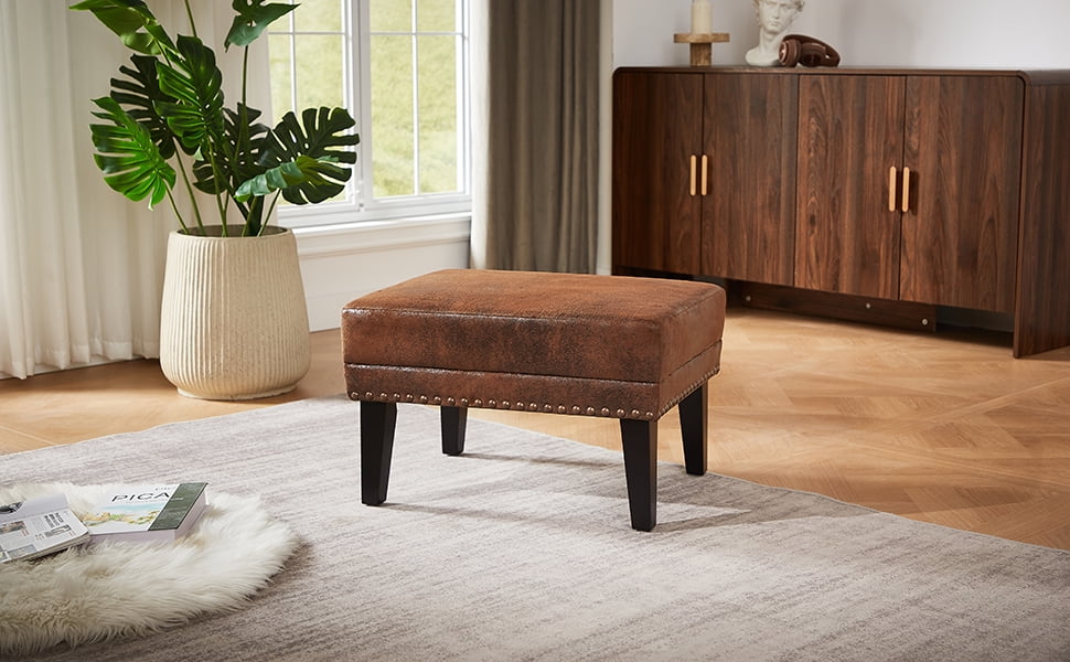 24.6" Vintage Distressed Ottoman with Wooden Legs, Brown Polyester ...