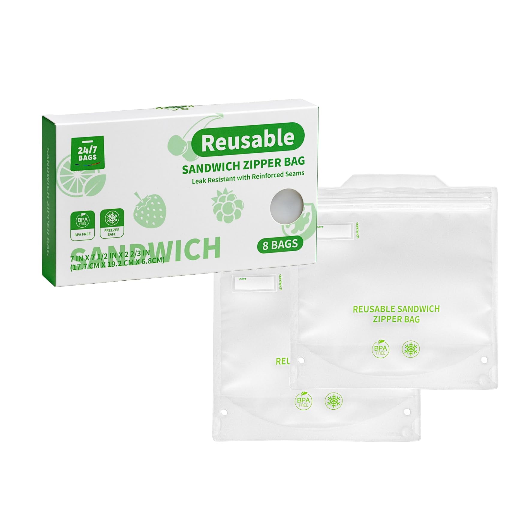 24/7 Bags Reusable Sandwich Storage Bags, 8 Pack, Double Zipper, 6 mils ...