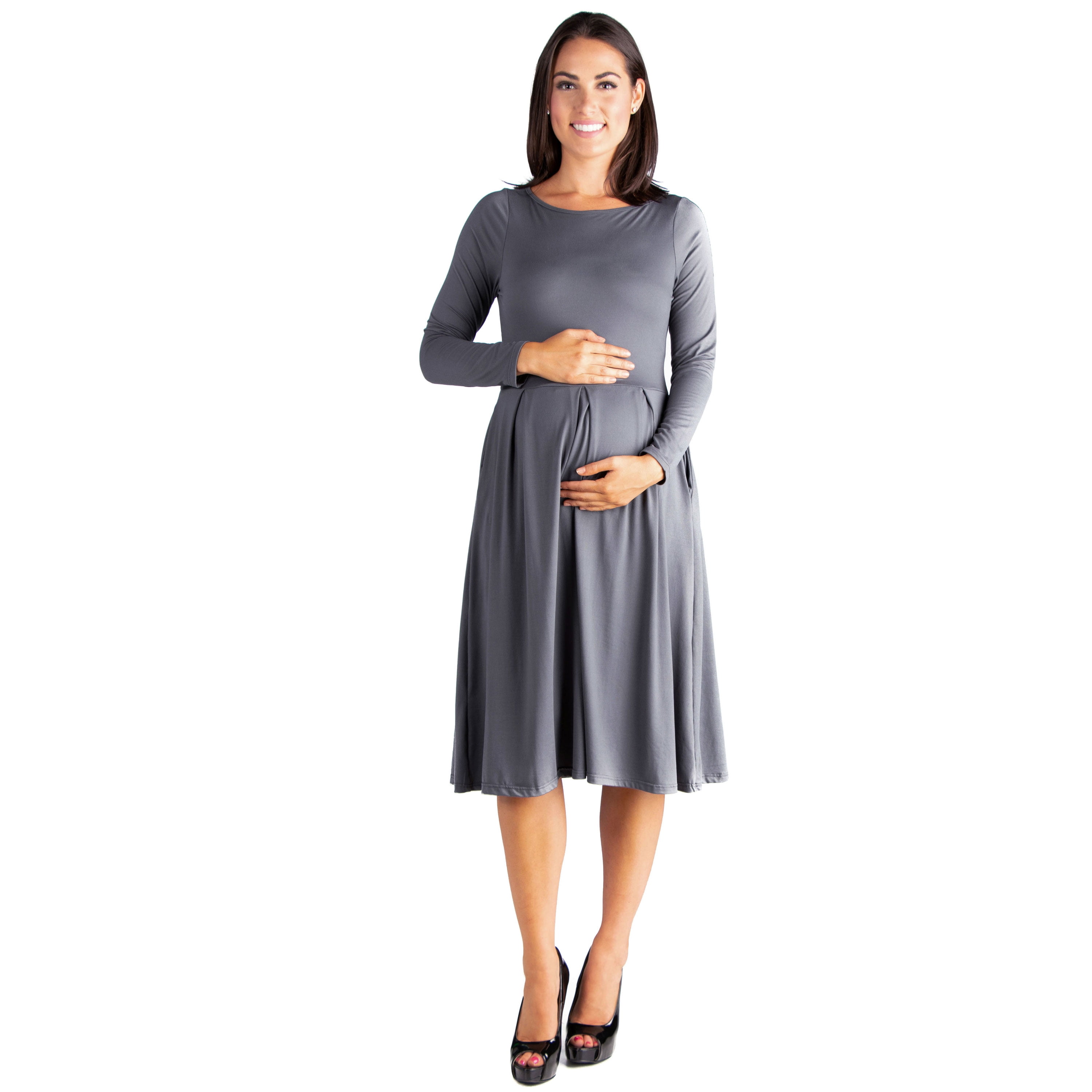 24/7 Comfort Apparel Long Sleeve Fit and Flare Maternity Midi Dress ...