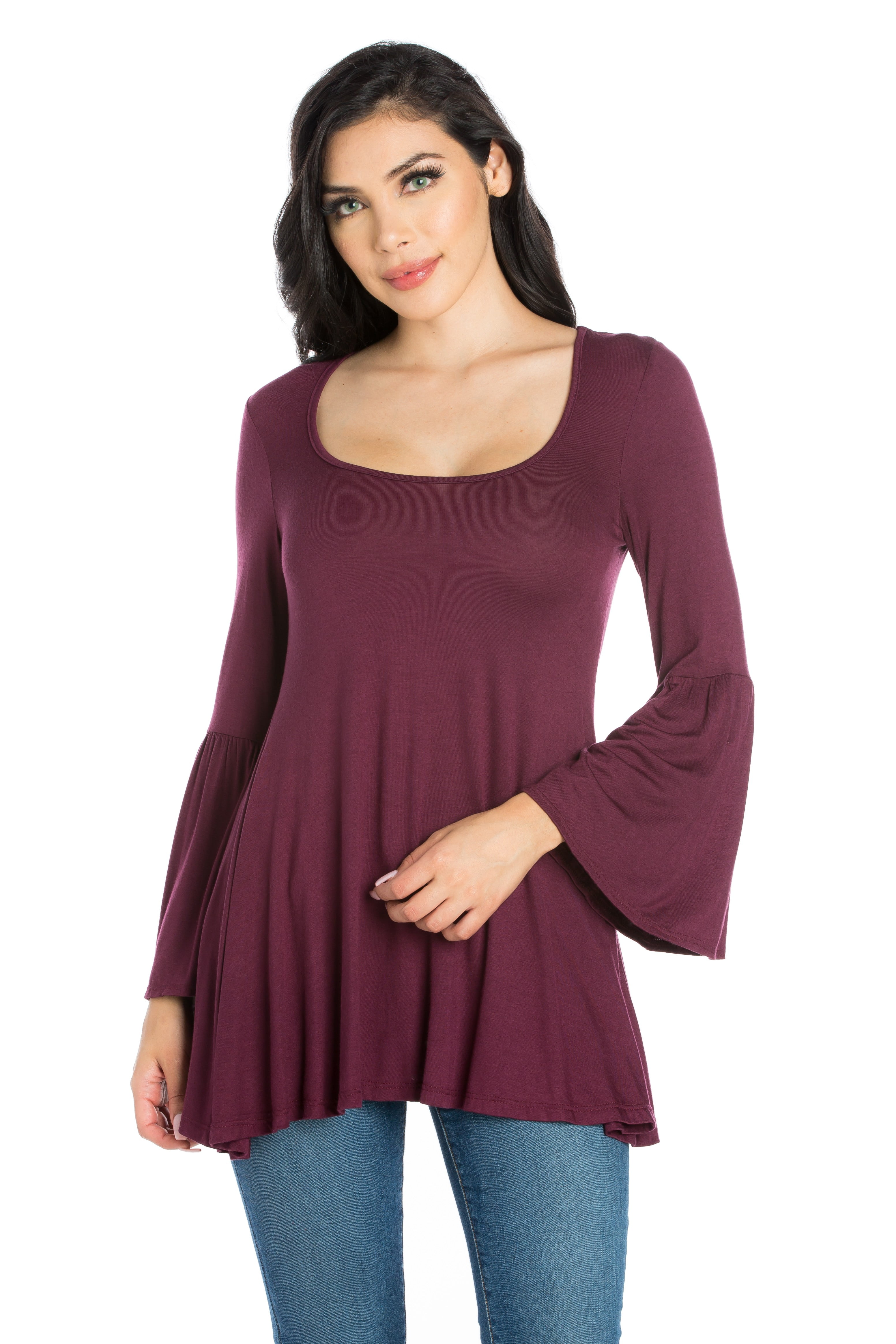 24/7 Comfort Apparel Women's Long Bell Sleeve Flared Tunic Top ...