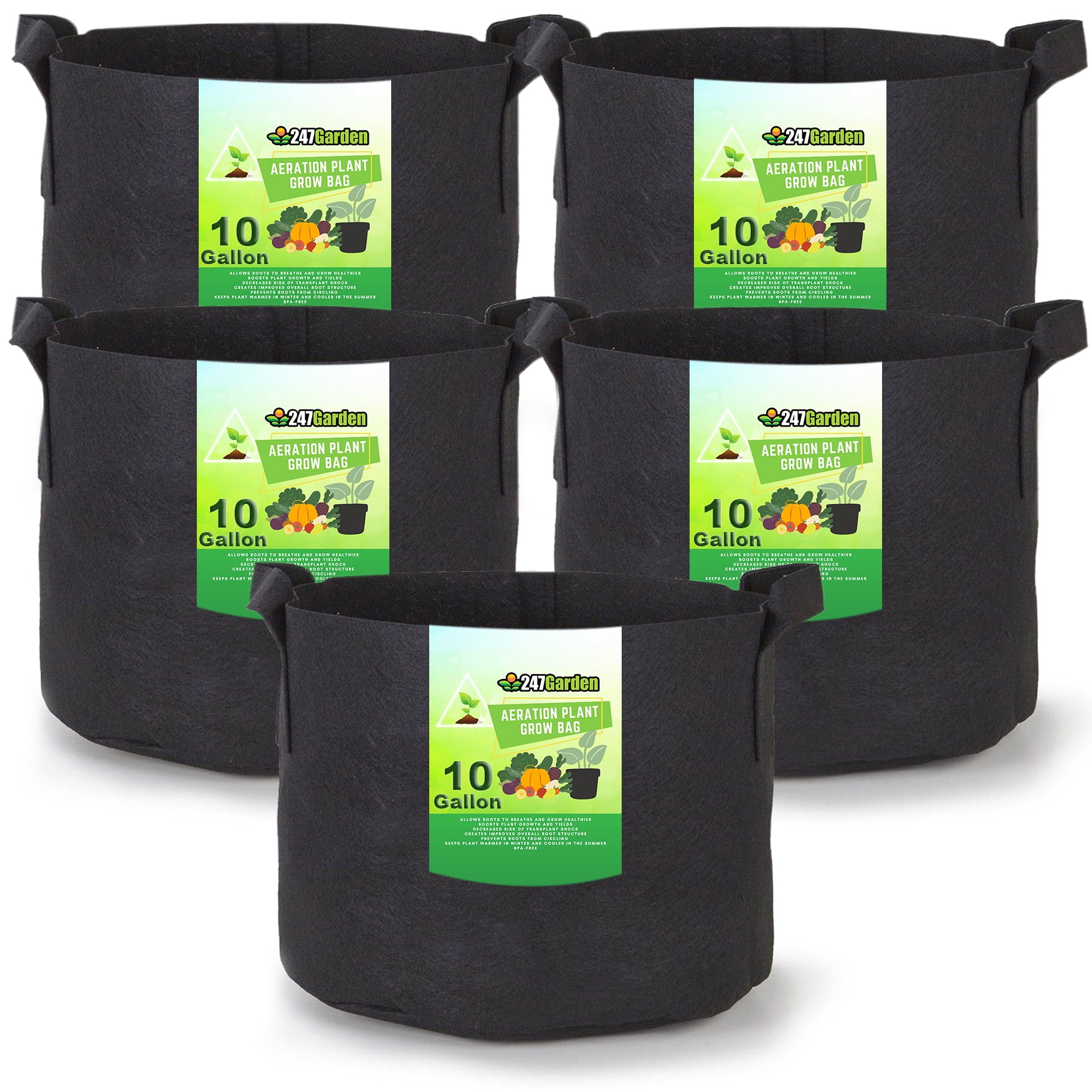 24/7 Garden 10-Gallon Grow Bags, Fabric Pots, Flower Planters, 5-Pack ...