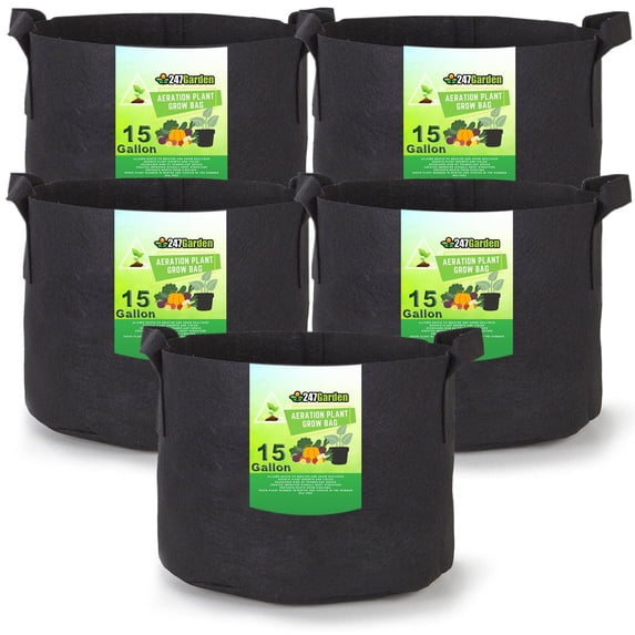 24/7 Garden 15-Gallon Fabric Pots, Black, 5-Pack Grow Bags for Plant ...