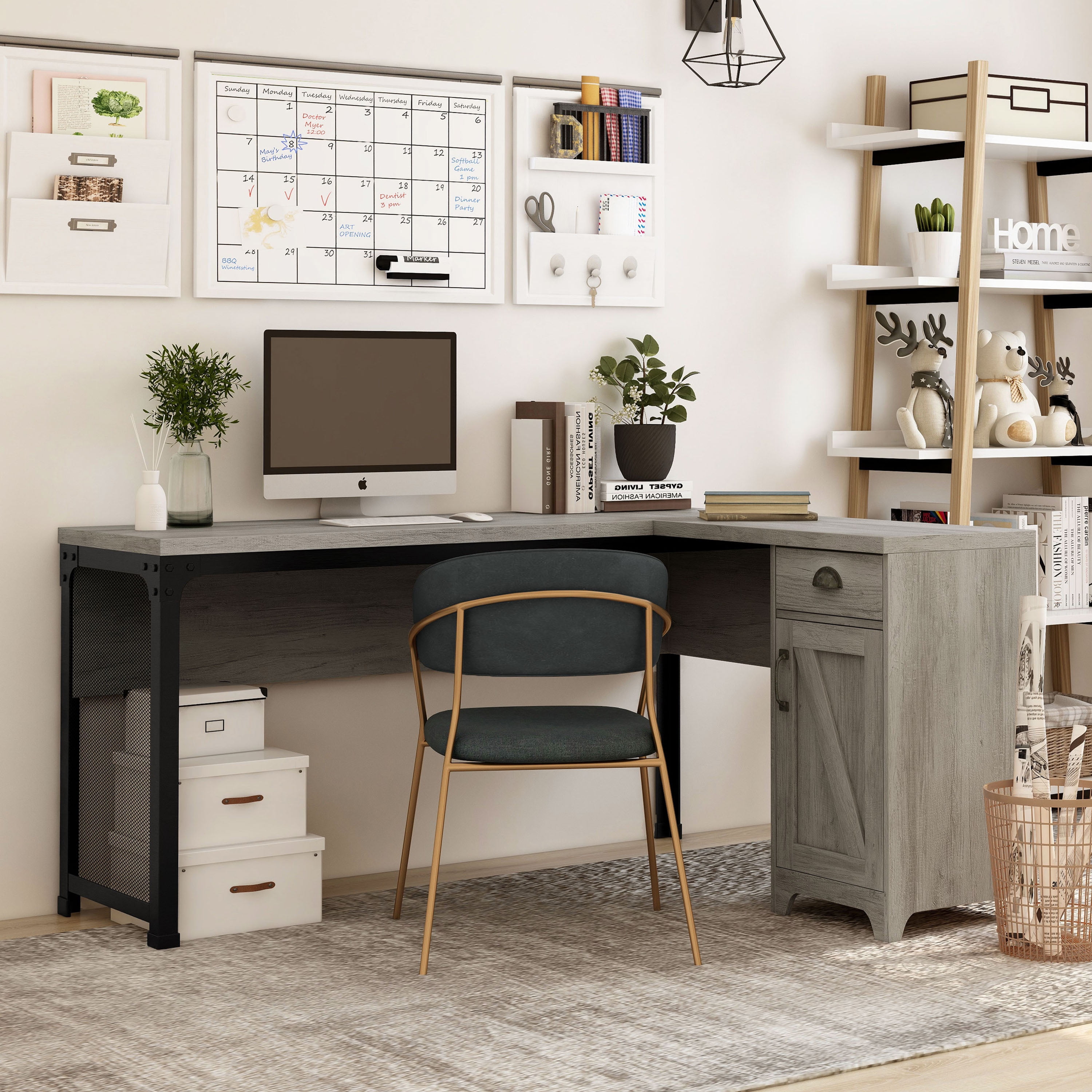 24/7 Shop At Home Elk Wood L-Shape Desk with 1-Drawer, Gray Oak ...