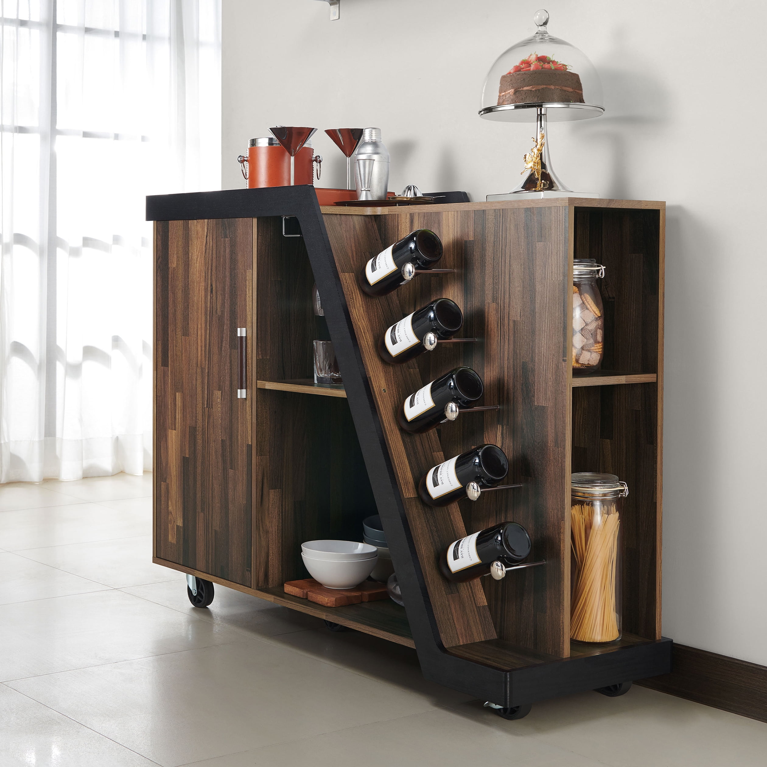 24/7 Shop At Home Levi Wood Mobile Bar Buffet with Wine Rack, Indoor ...