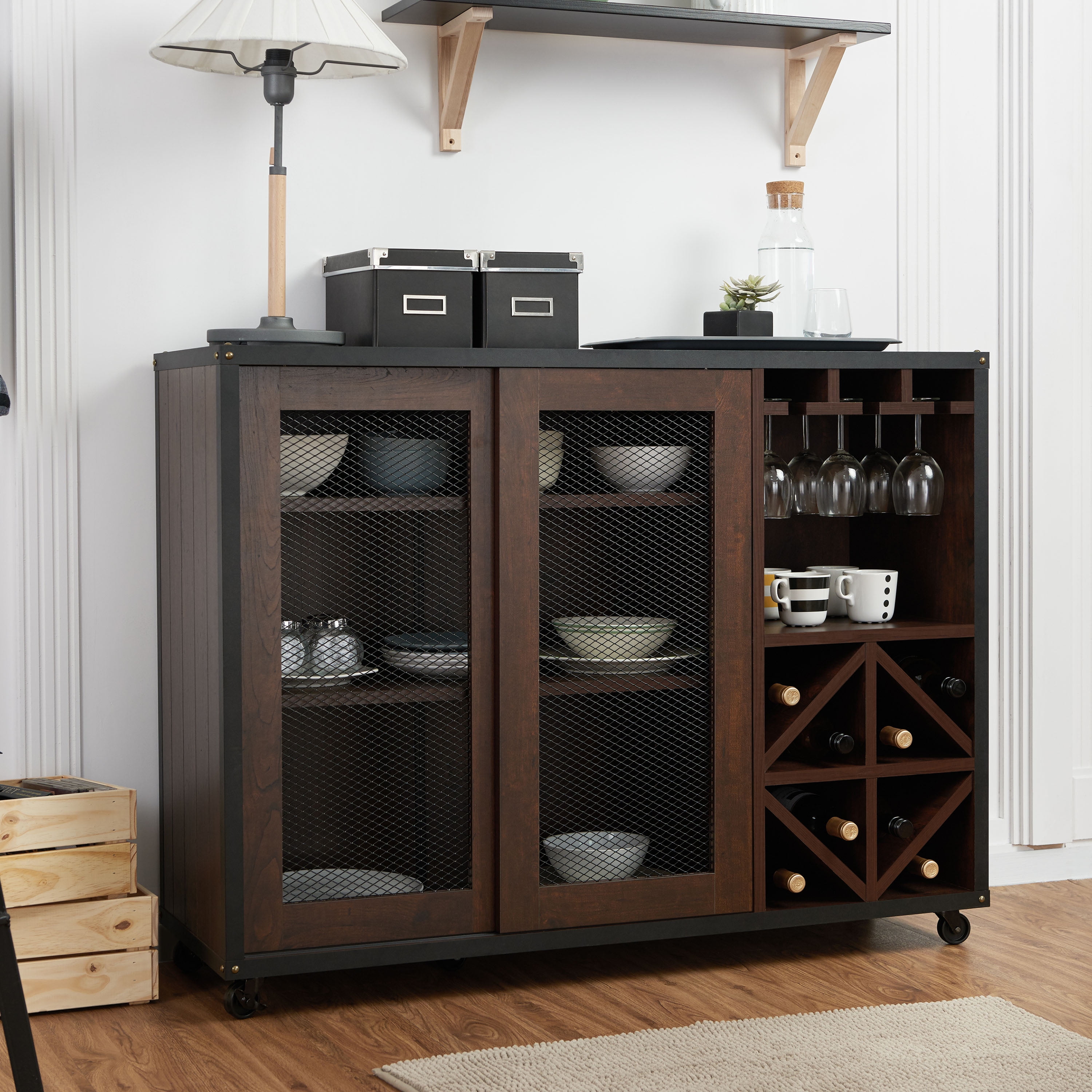 24/7 Shop At Home Tod Livingroom Wood Mobile Buffet, Vintage Walnut ...