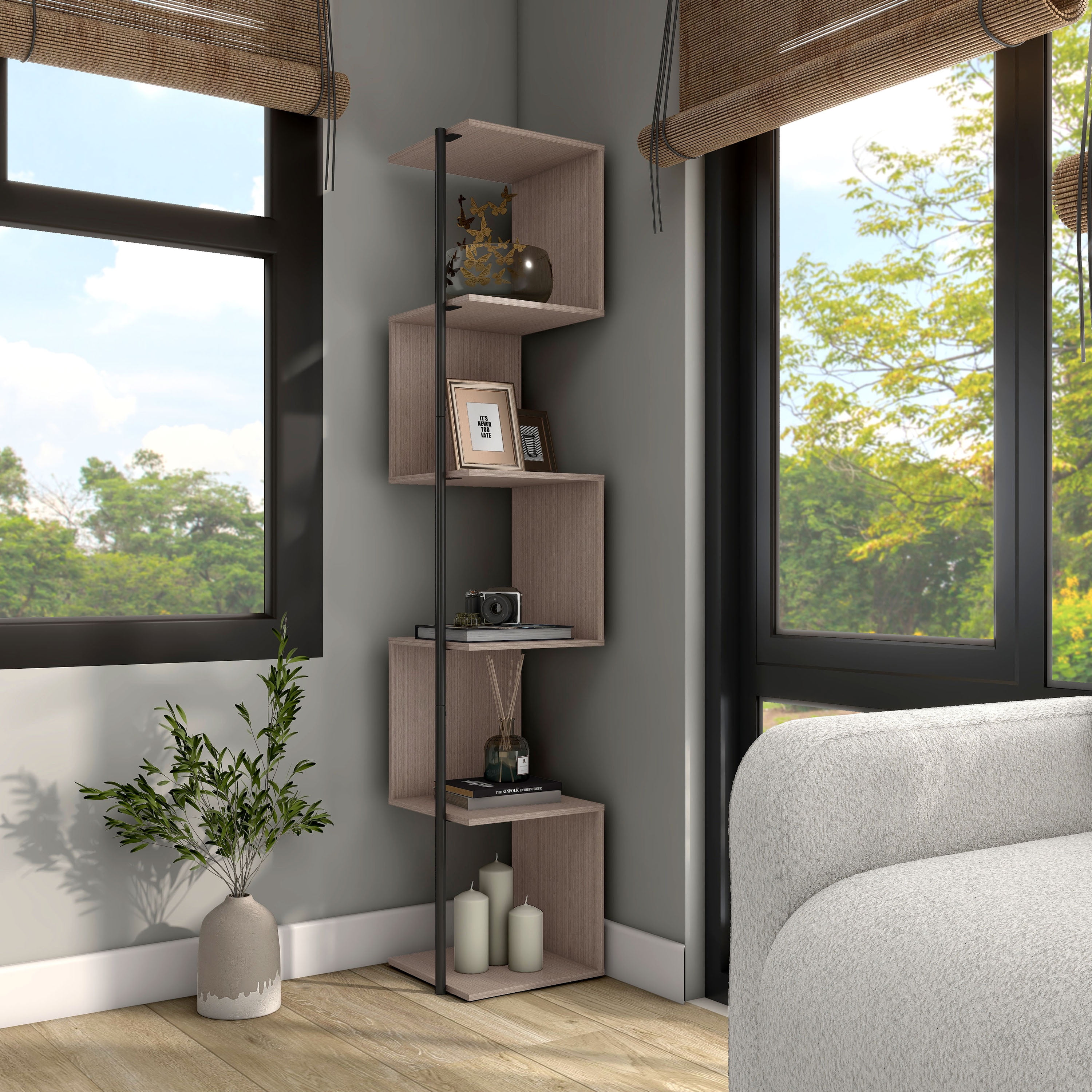 24/7 Shop At Home Penz Two-Tone 5-Tier Corner Bookcase Blush Pink Book ...