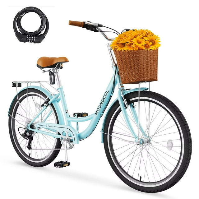 24'' 7 Speed Cruiser Bike Bicycle for Women with Basket & Lock, Womens ...