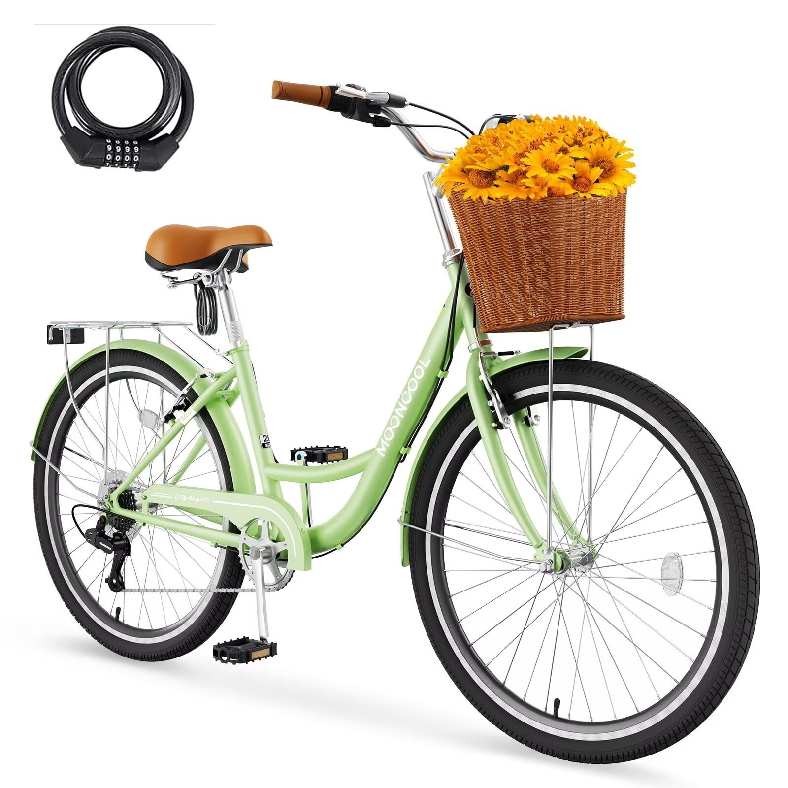 24'' 7 Speed Cruiser Bike Bicycle for Women with Basket & Lock, Womens ...