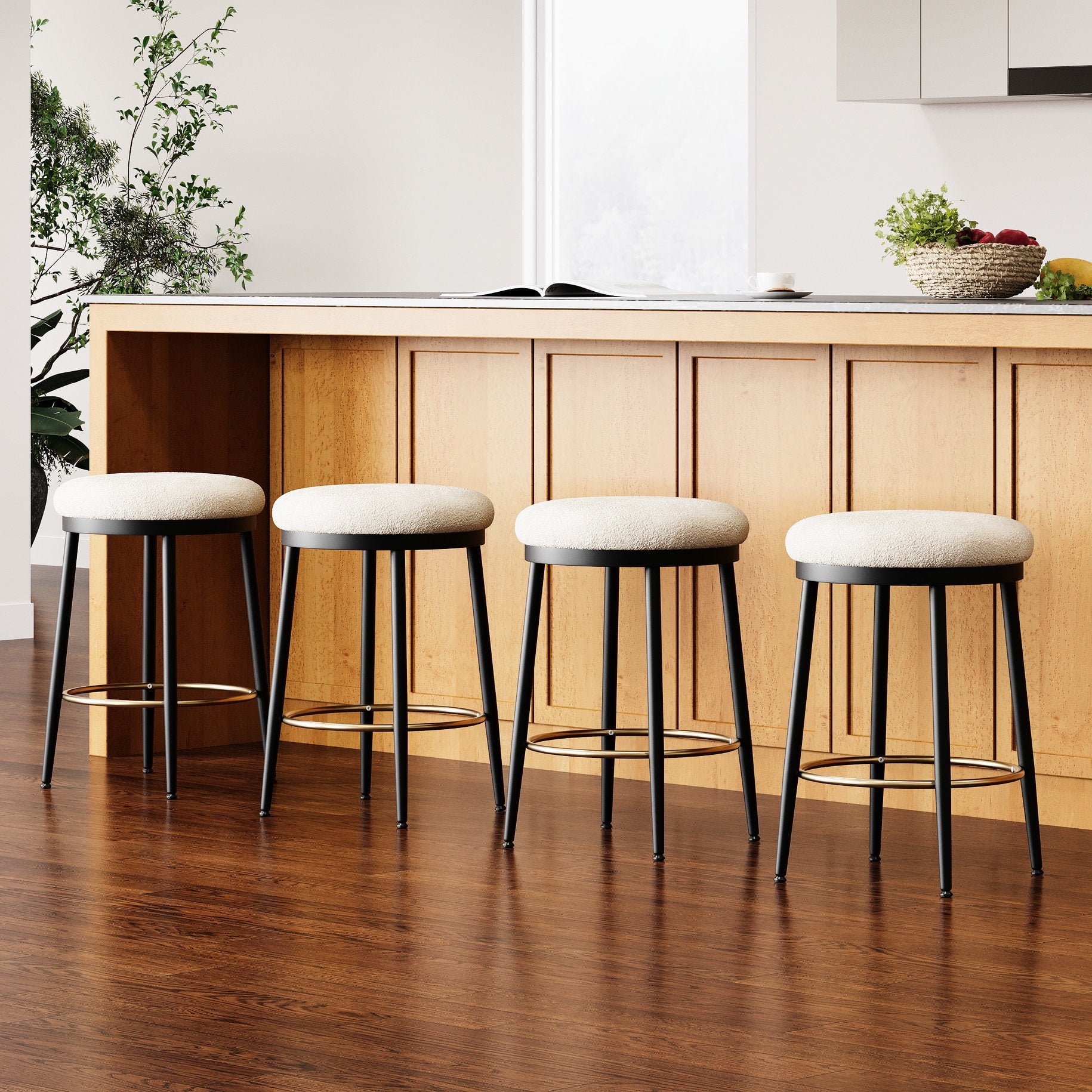 24.75'' White Counter Stools, Set of 4, Iron Frame, Comfortable Seating ...