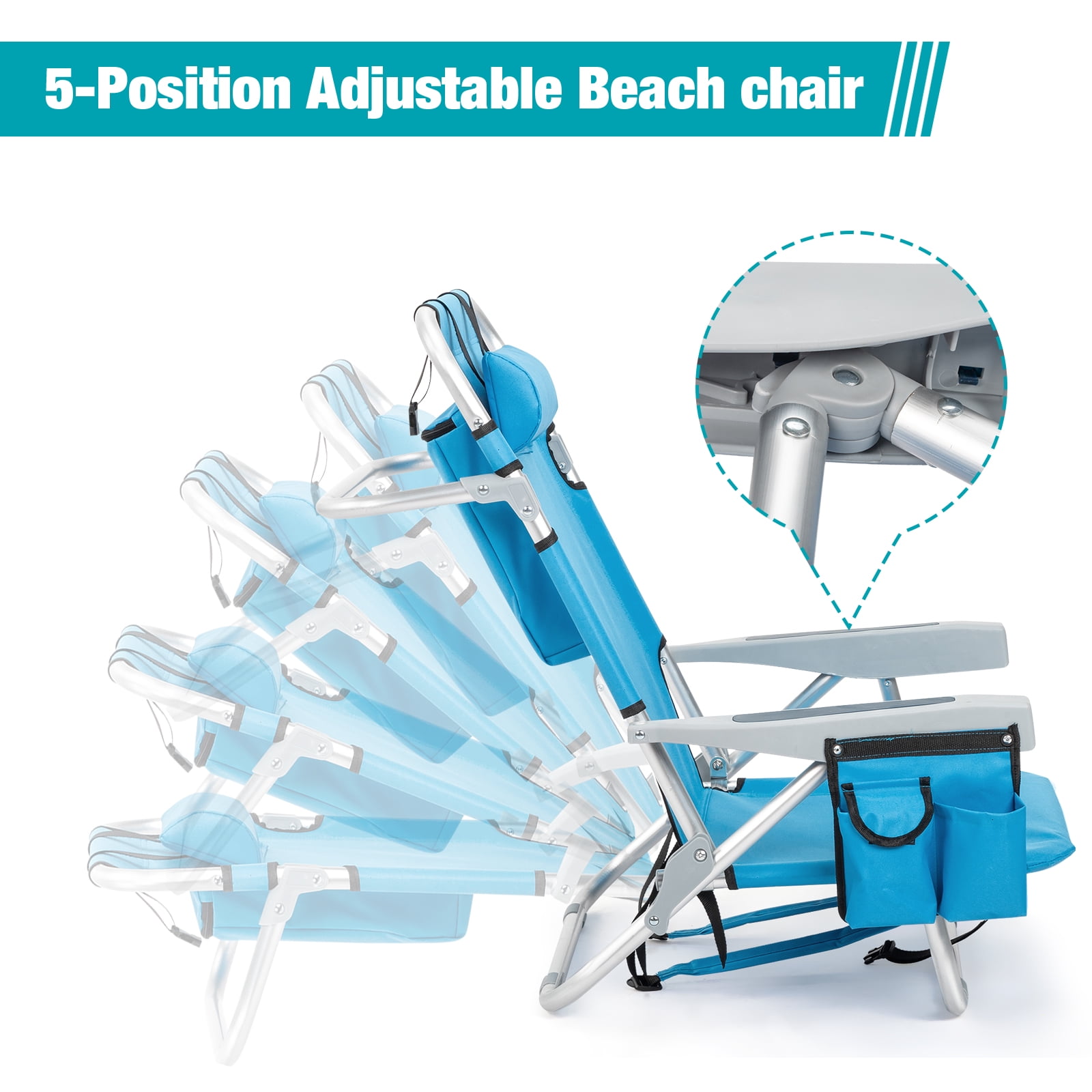 24.8" Blue Beach Chair - 5-Position Recliner, Aluminum Frame & Cup ...