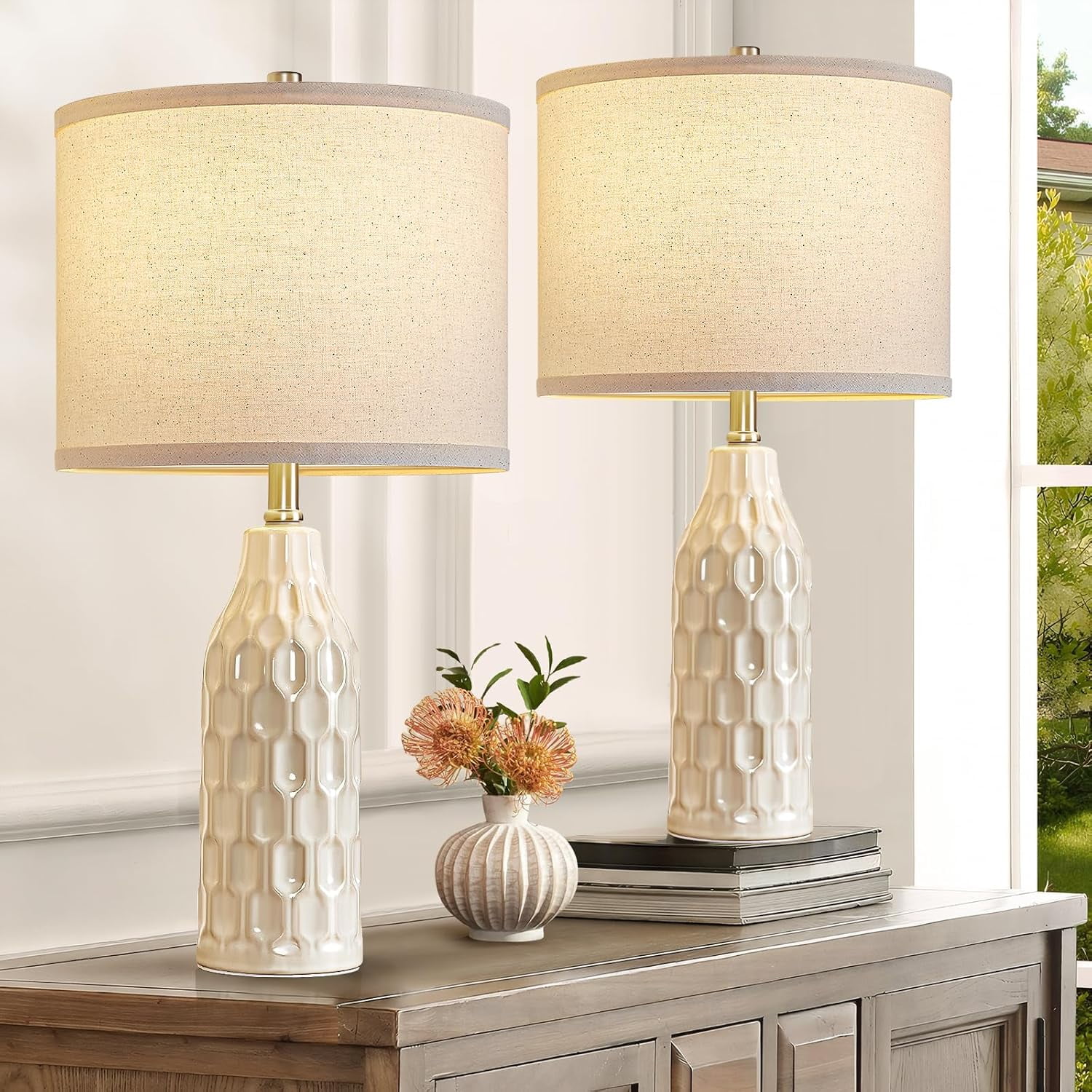 24.8" Ceramic Table Lamps Set of 2 with 3 Color Temperature & Bulbs ...