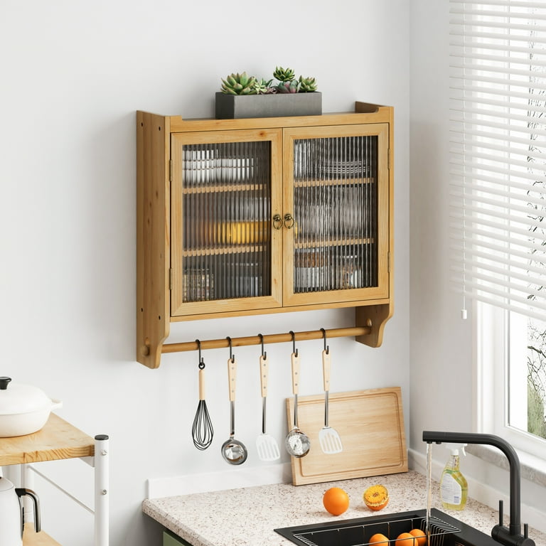24.8 Vintage Double Glass Door Wall Cabinet with Three Tiers Towel Rack Wood