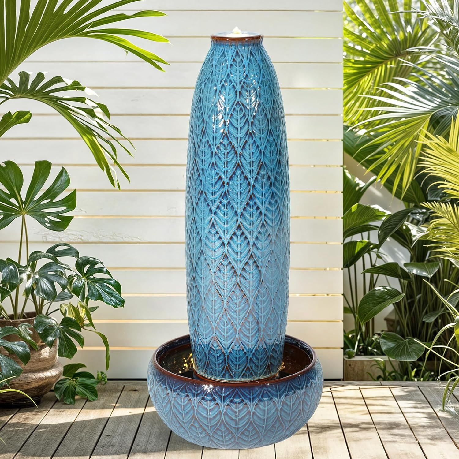 24.8” H Ceramic Jar Outdoor Water Fountain with LED Lights & Bird ...