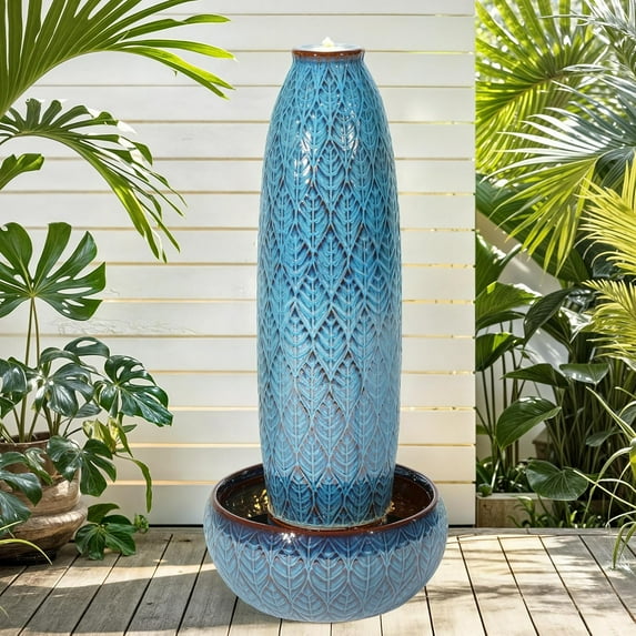 24.8” H Ceramic Jar Outdoor Water Fountain with LED Lights & Bird ...