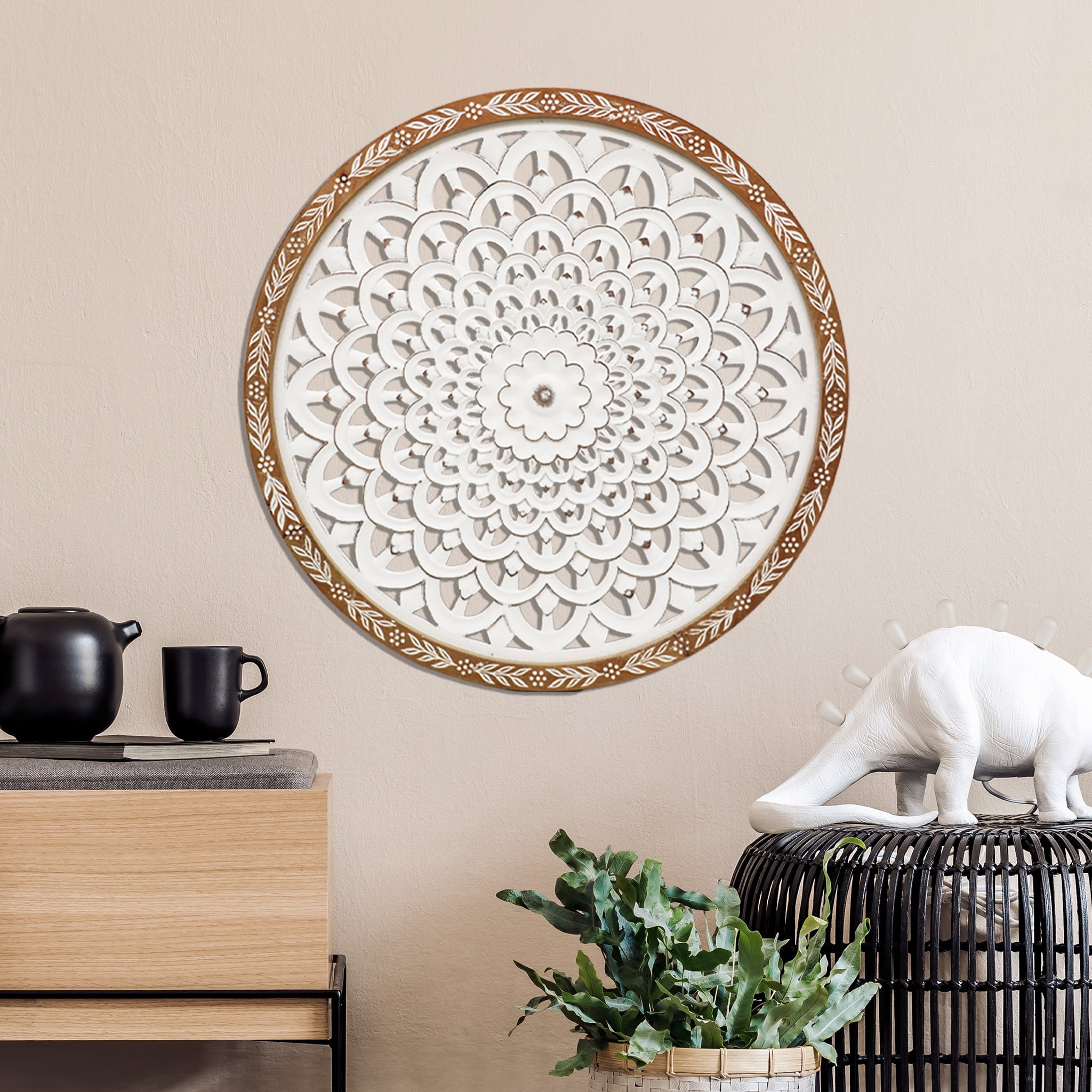 24.8 Inch Round Wood Carved Floral Wall Decor, Farmhouse Round Flower ...