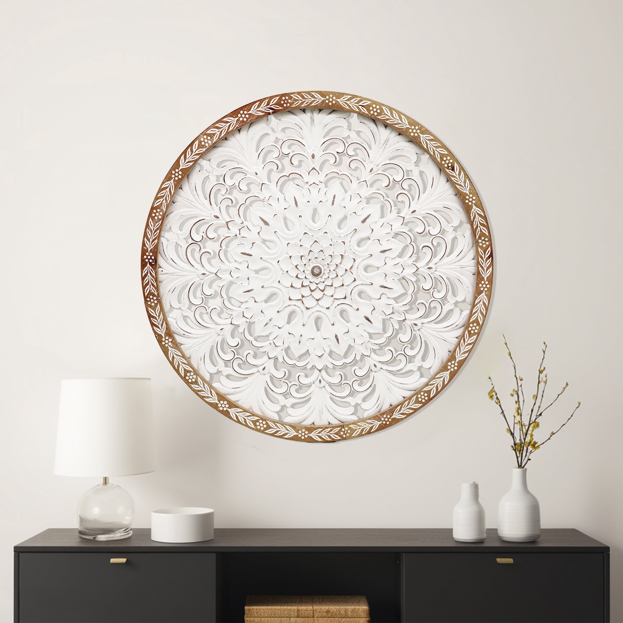 24.8 Inch Rustic Round Wood Wall Wall Decor with Carved Floral Patterns ...