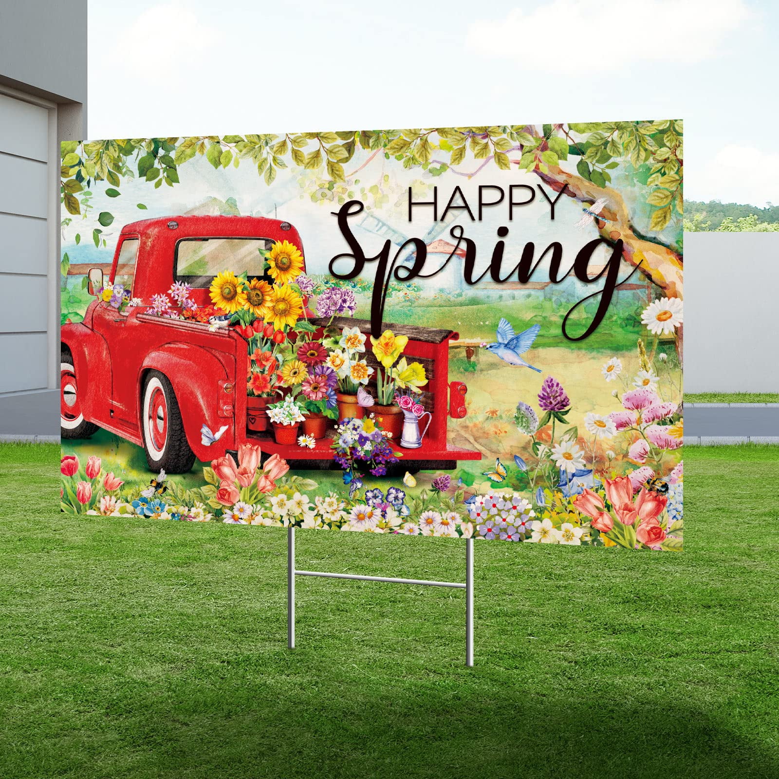 24.8 Inches Happy Spring Yard Sign with Stakes Welcome Red Truck Spring ...