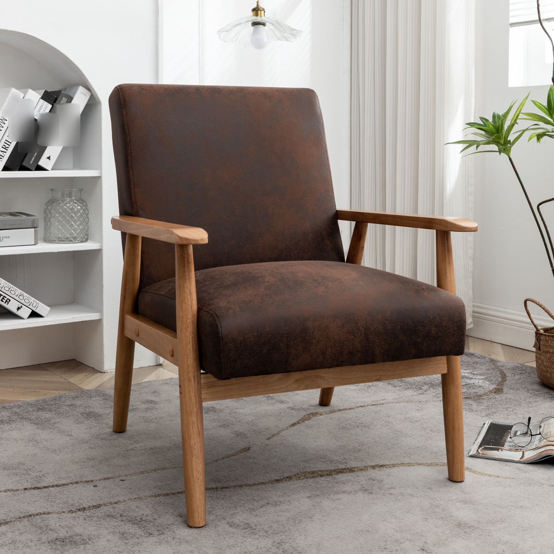24.86'' Wide Arm Chair In Classic Mid-century Style, Brown. Solid Wood ...