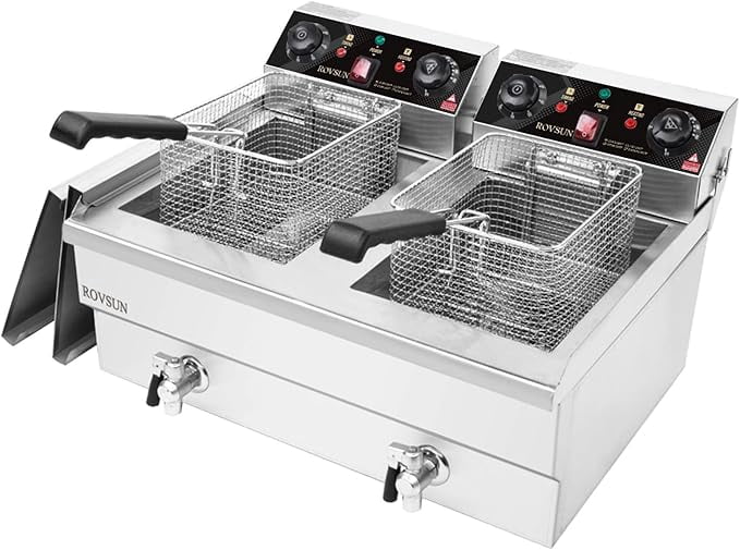 24.9QT Electric Deep Fryer w/Frying Baskets Timer Drains & Lids, 3400W ...