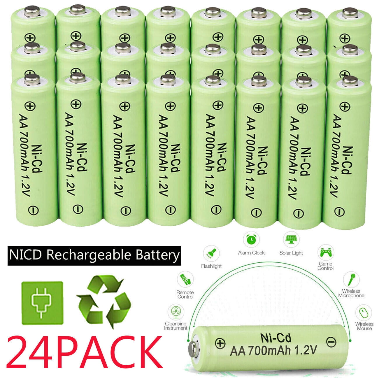 24 AA Rechargeable Batteries NiCd 700mAh 1.2v Garden Solar Ni-Cd Light ...