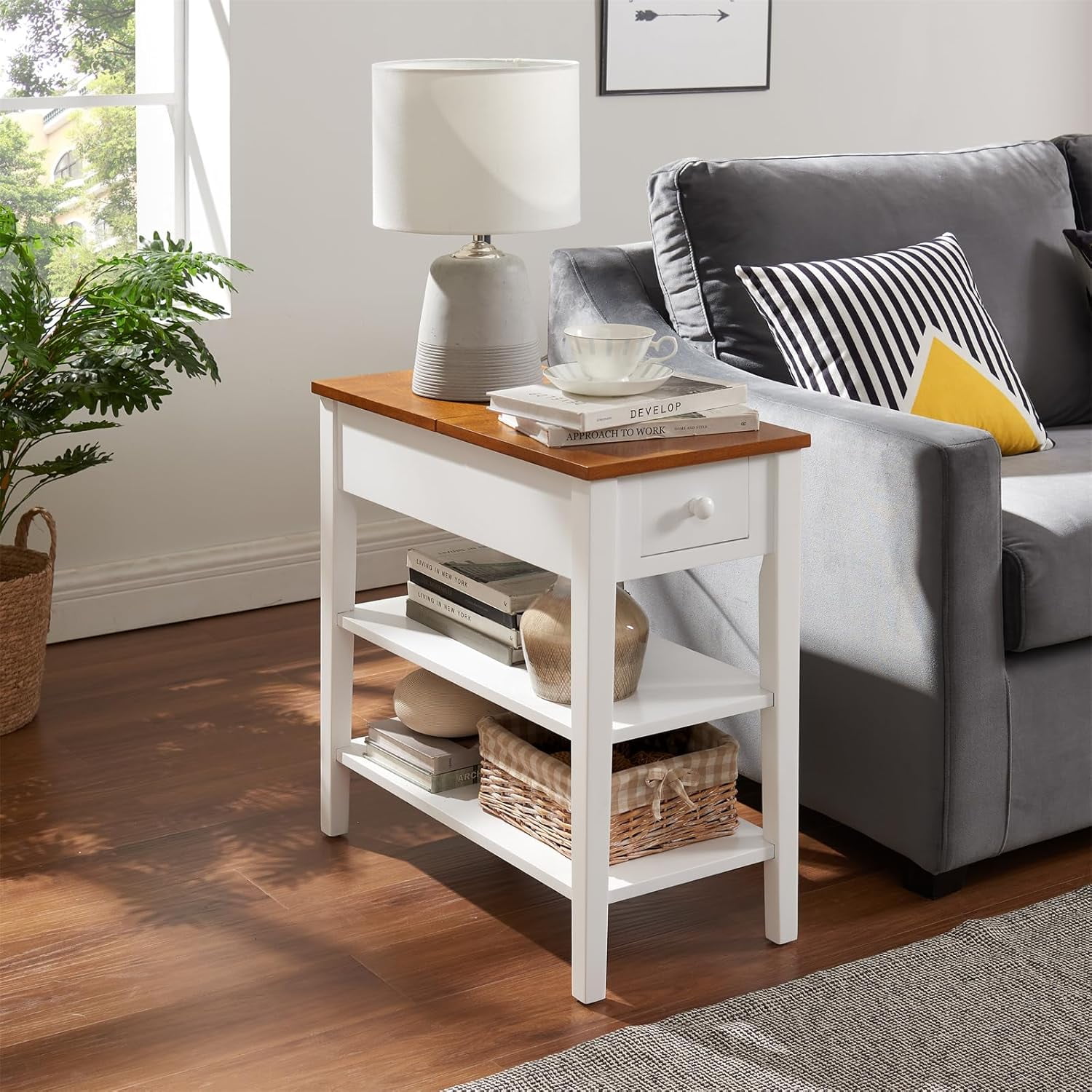 24''Accent End Side Table Flip-Open Top with USB Solid Wood 2 Open ...