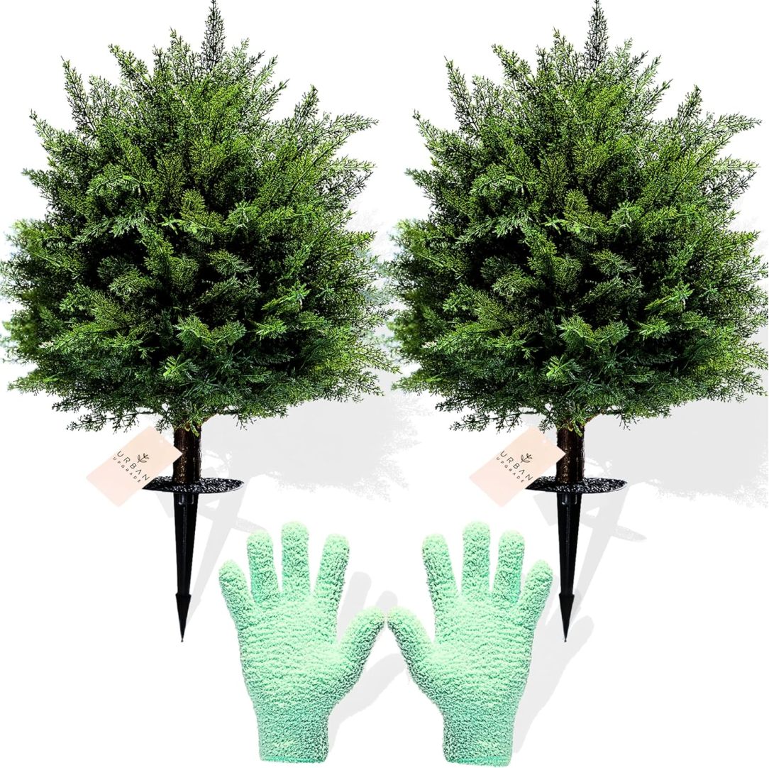 24" Artificial Cedar Topiary Ball Trees Outdoor, 2 Set Artificial ...