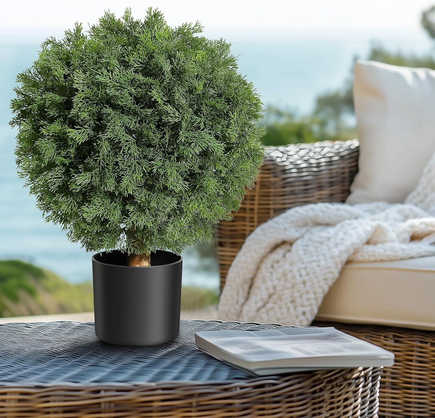 24" Artificial Cedar Topiary Ball Trees with Potted, Fake Cedar Plants ...