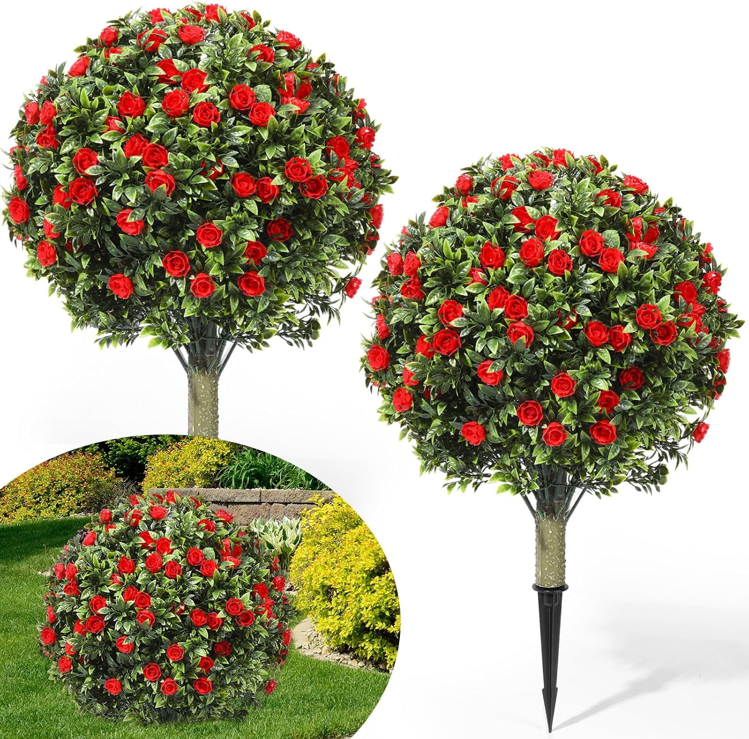 24" Artificial Topiary Ball Trees with Flowers Set of 2,Outdoor Fake ...