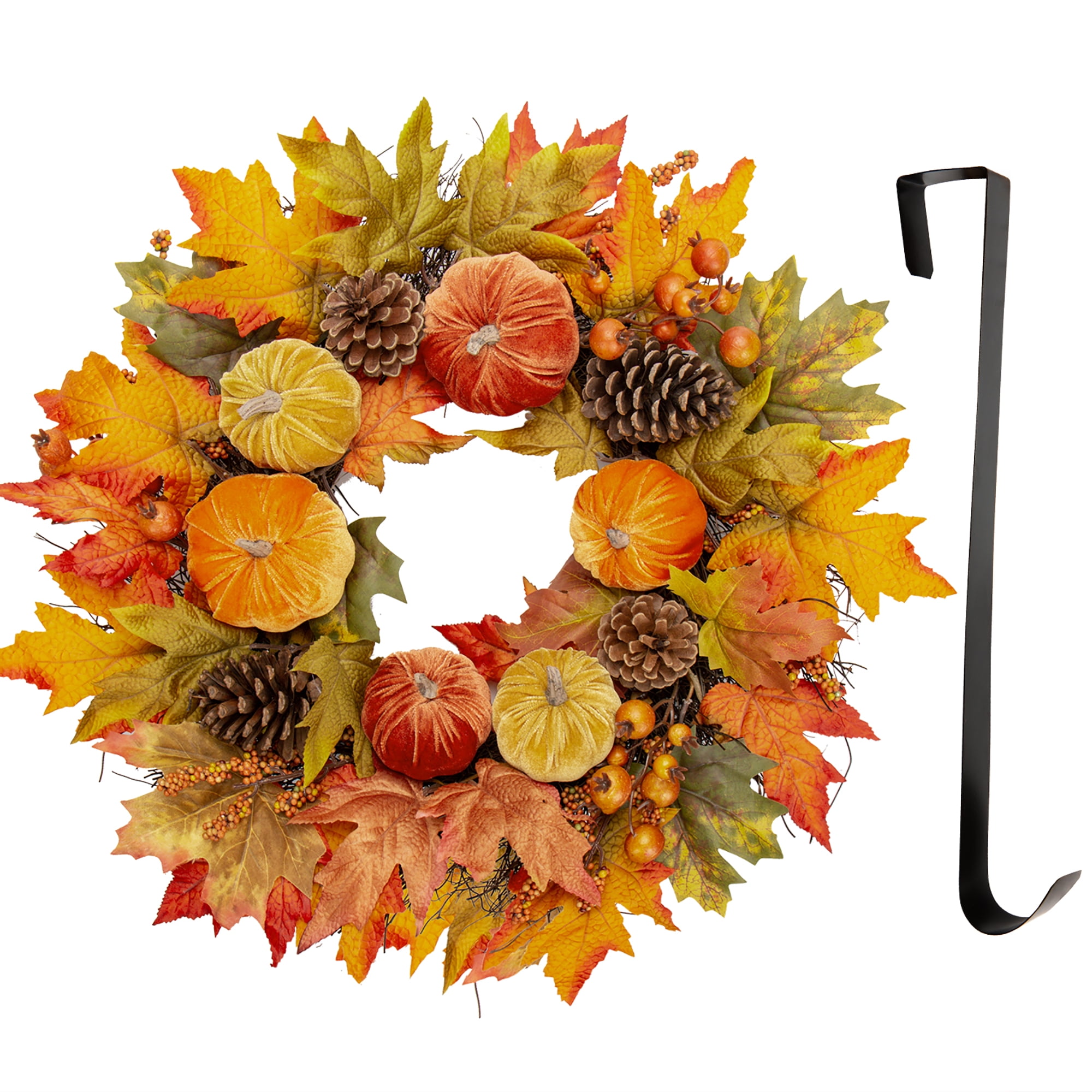 24'' Autumn Pumpkin Wreath Velvet Pumpkin Fall Maple Leaves Pinecones ...