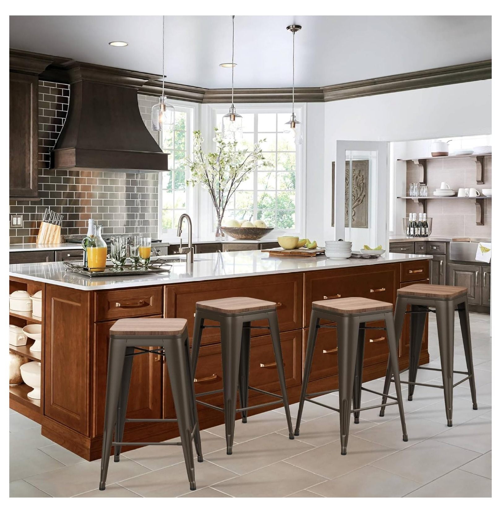 24" Backless Metal Counter Stool Height Bar Stools with Wooden Seat ...