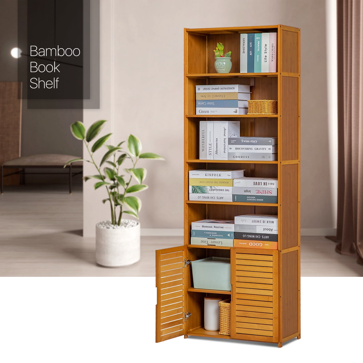 24"Bamboo Bookcase [STORAGE RACK+CABINET] Shutter Doors Book Organizer ...
