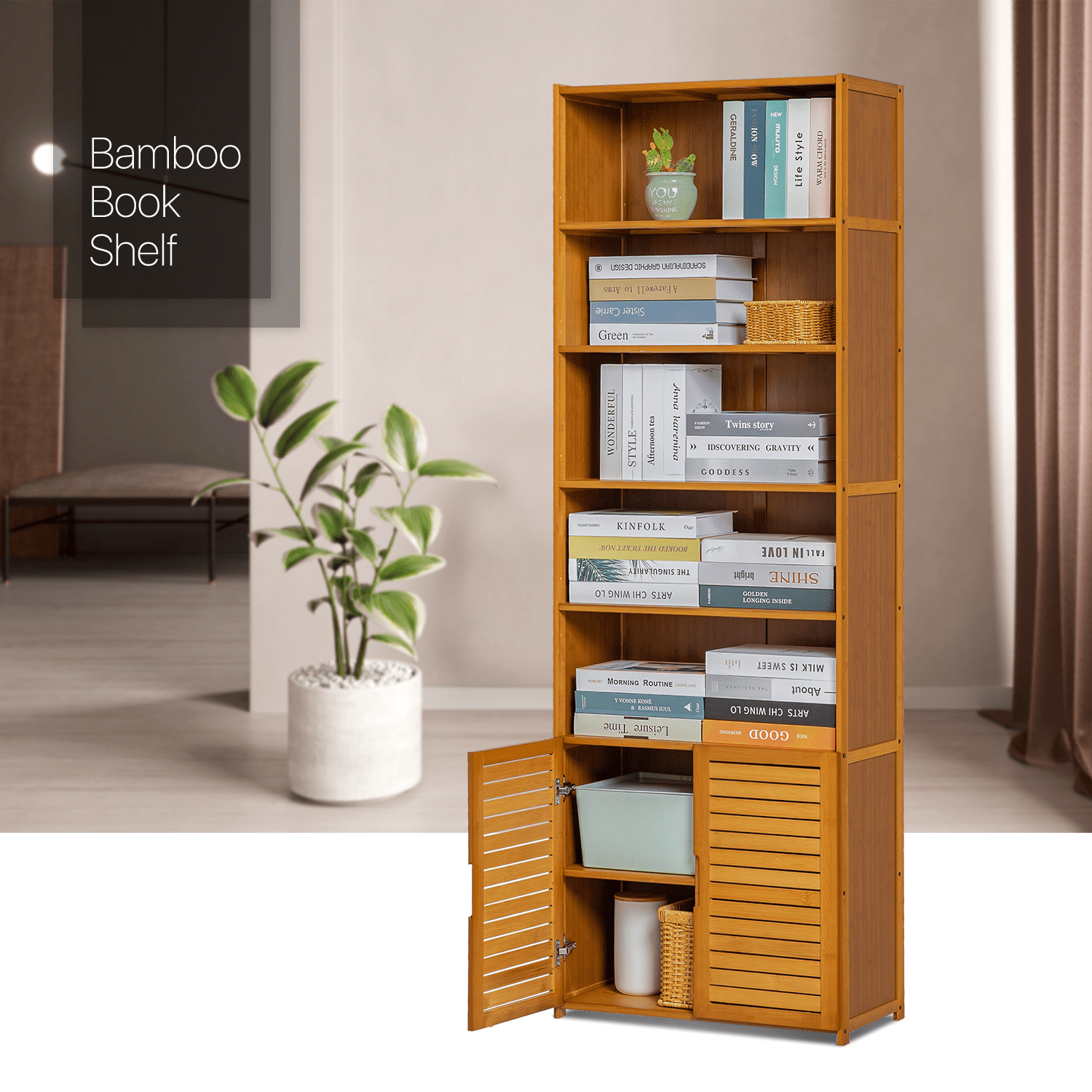 24"Bamboo Bookcase [STORAGE RACK+CABINET] Shutter Doors Book Organizer ...