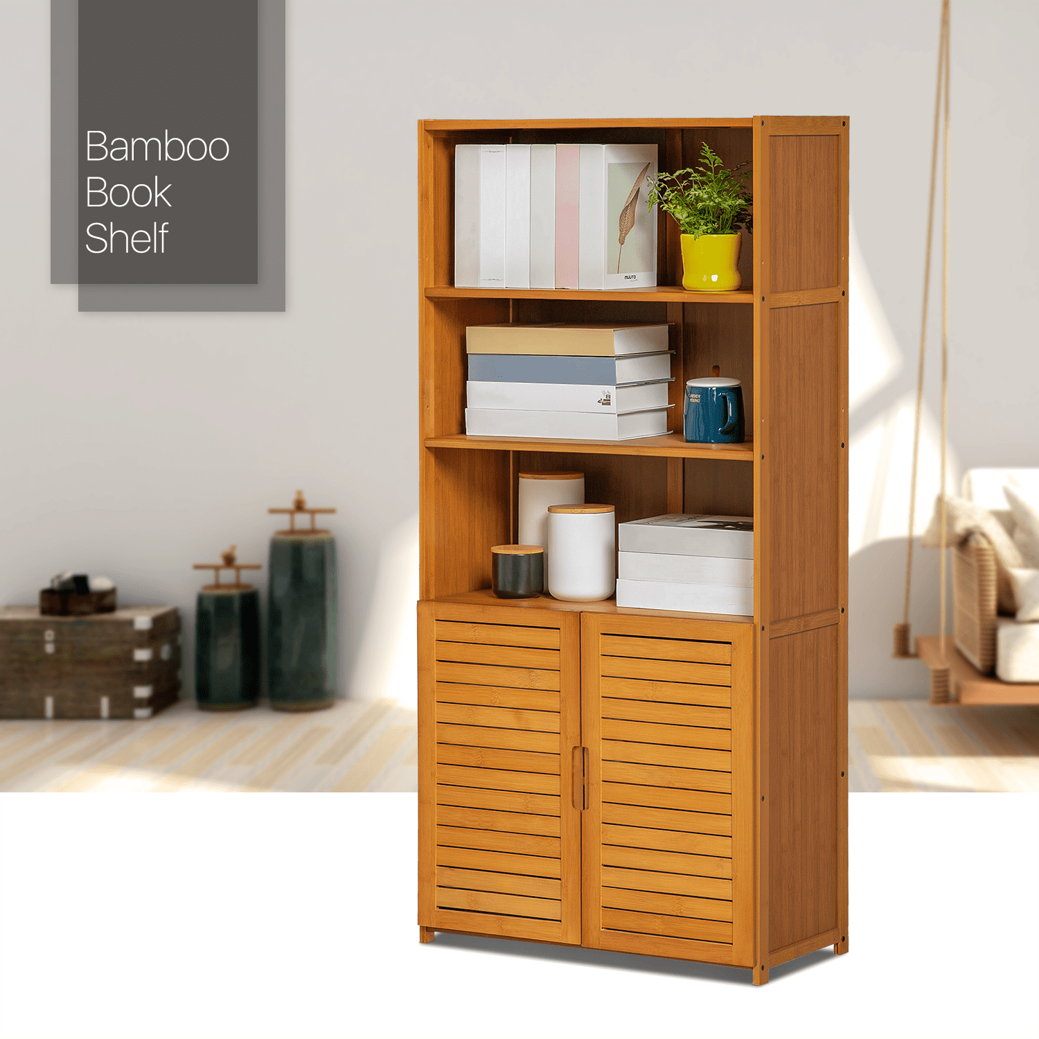24"Bamboo Bookcase [STORAGE RACK+CABINET] Shutter Doors Book Organizer ...